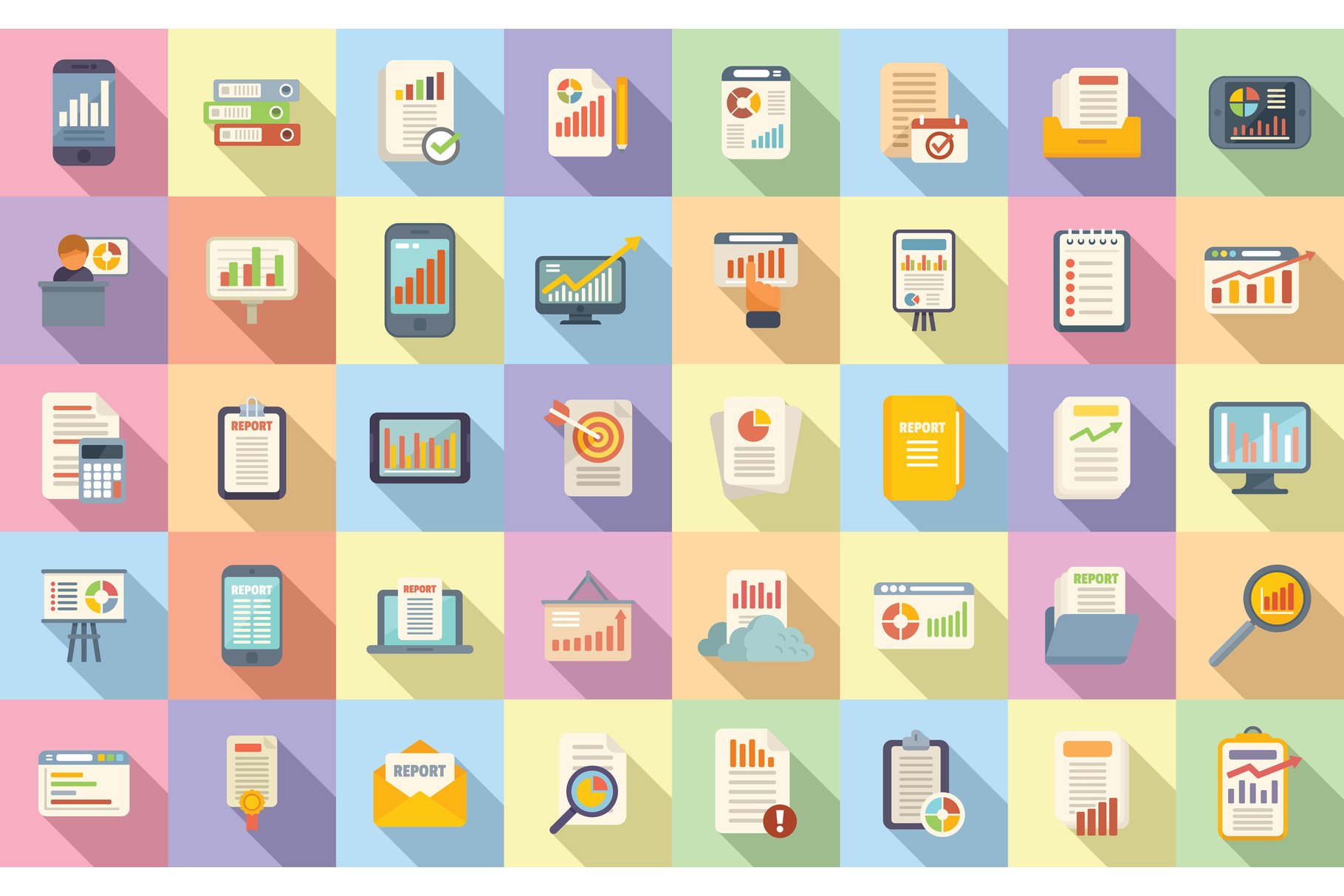 Business report icons set flat vector. File document (2224263) | Icons ...