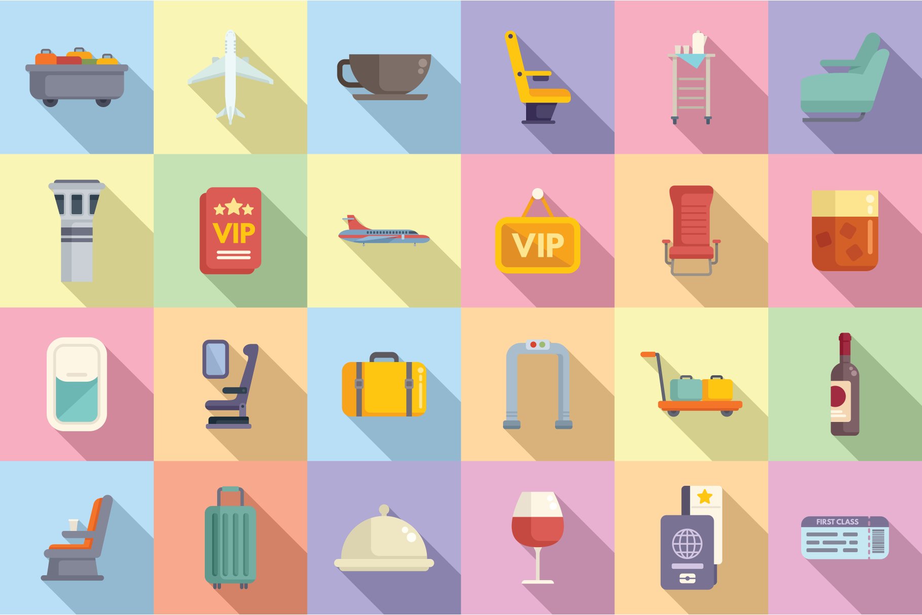 First class travel icons set flat vector. Airplane service (2289223 ...