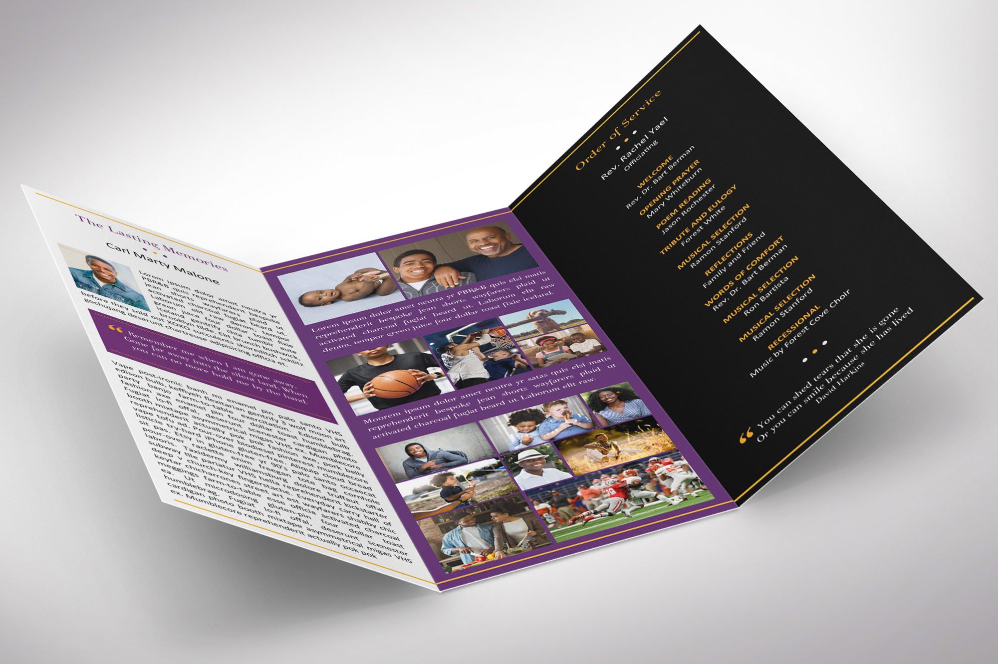 Purple Gold Tri Fold Funeral Program Word Publisher Template 555001 