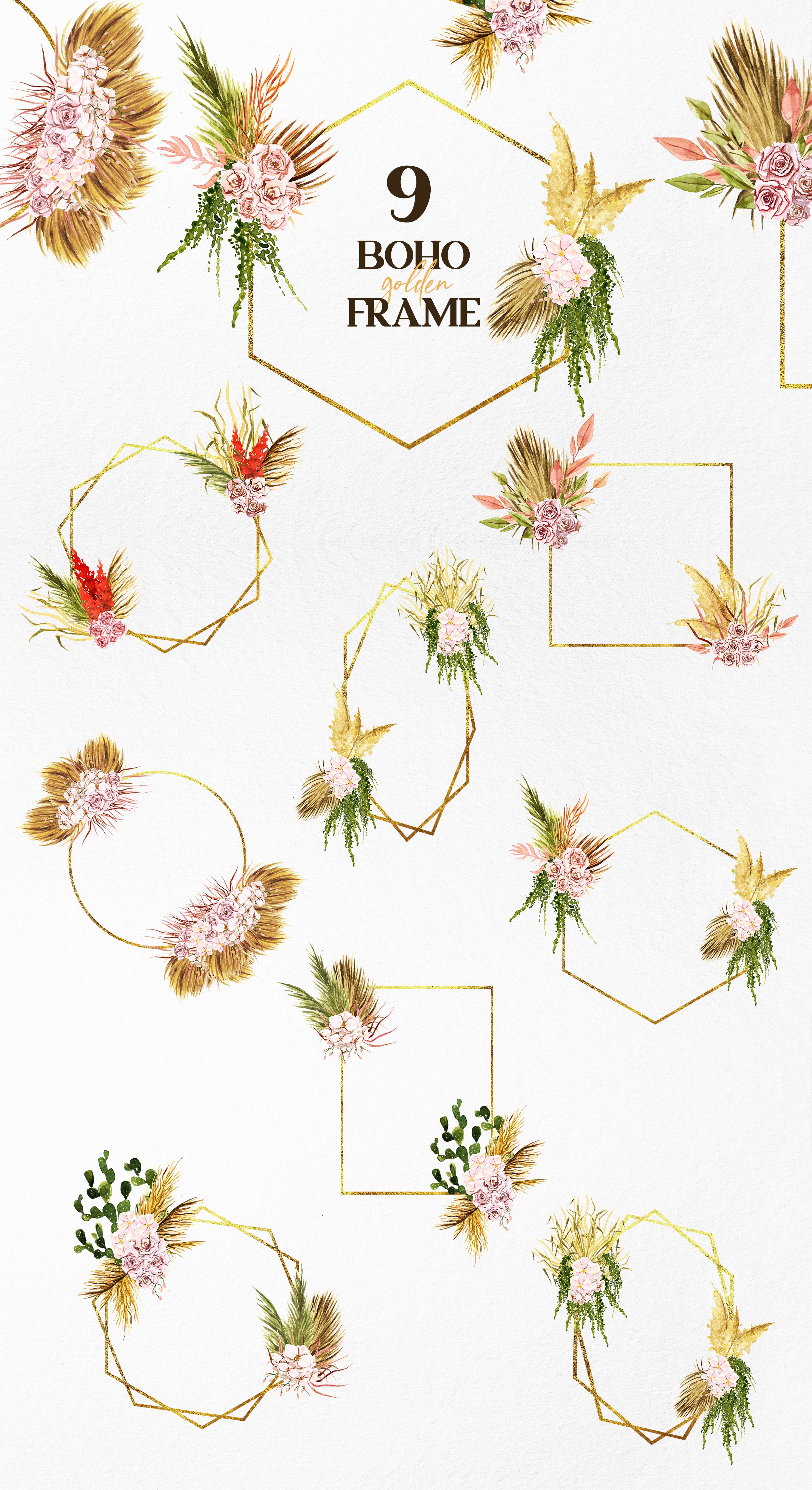 Watercolor Golden Boho Frames, Watercolor Boho Wreath (541738 ...