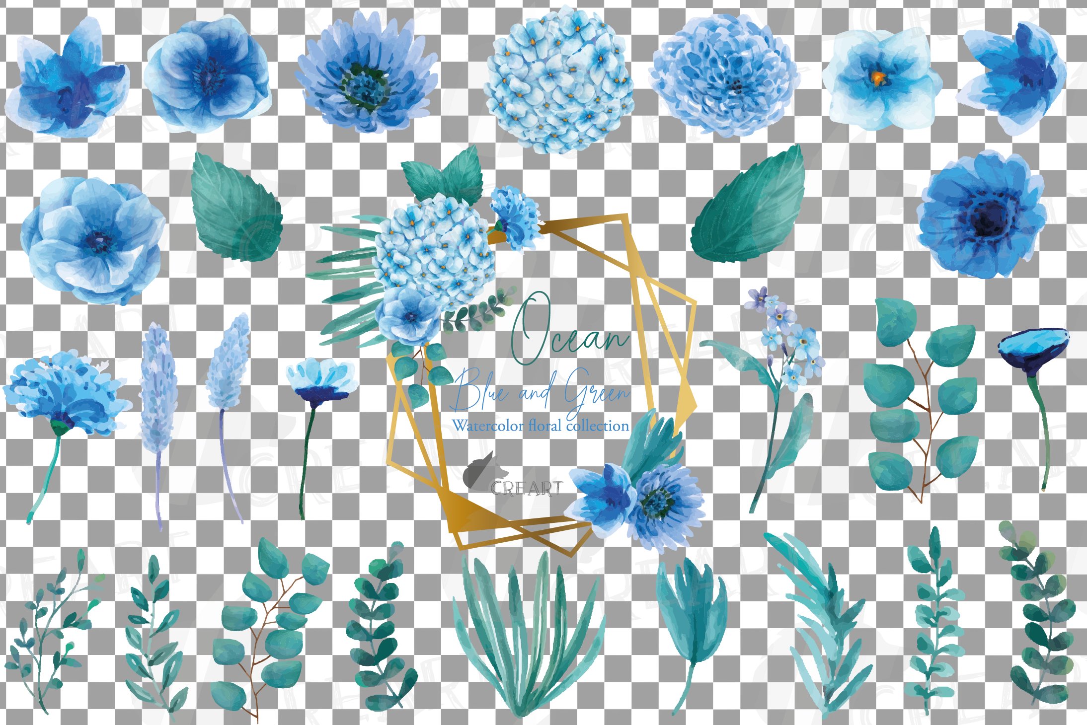 Ocean green and blue floral watercolor design elements. (628146 ...