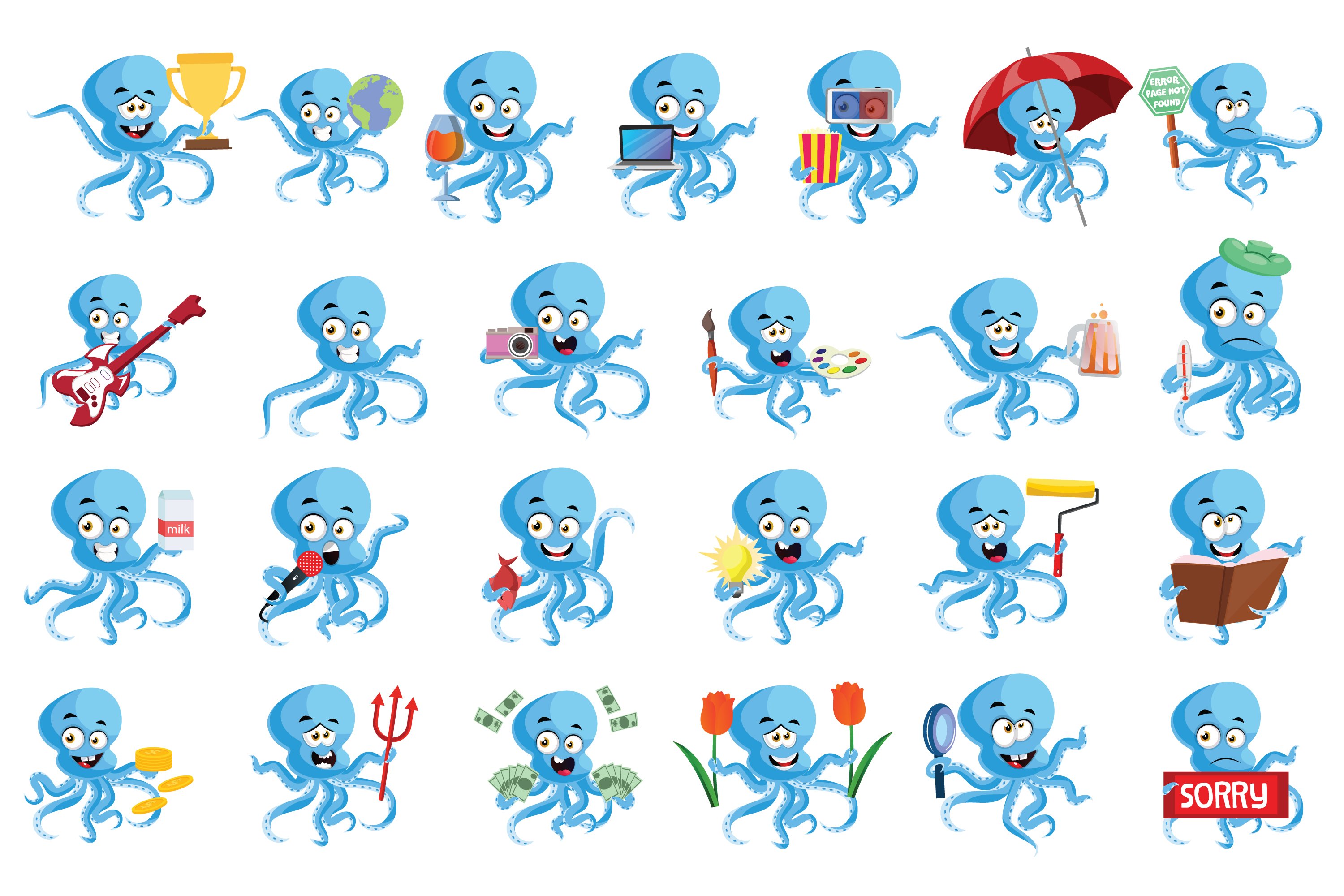 50x Octopus Character and mascot collection illustration. (541825 ...