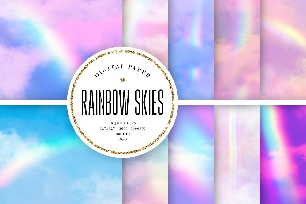 Rainbow Sky Backgrounds - Soft Clouds Digital Paper