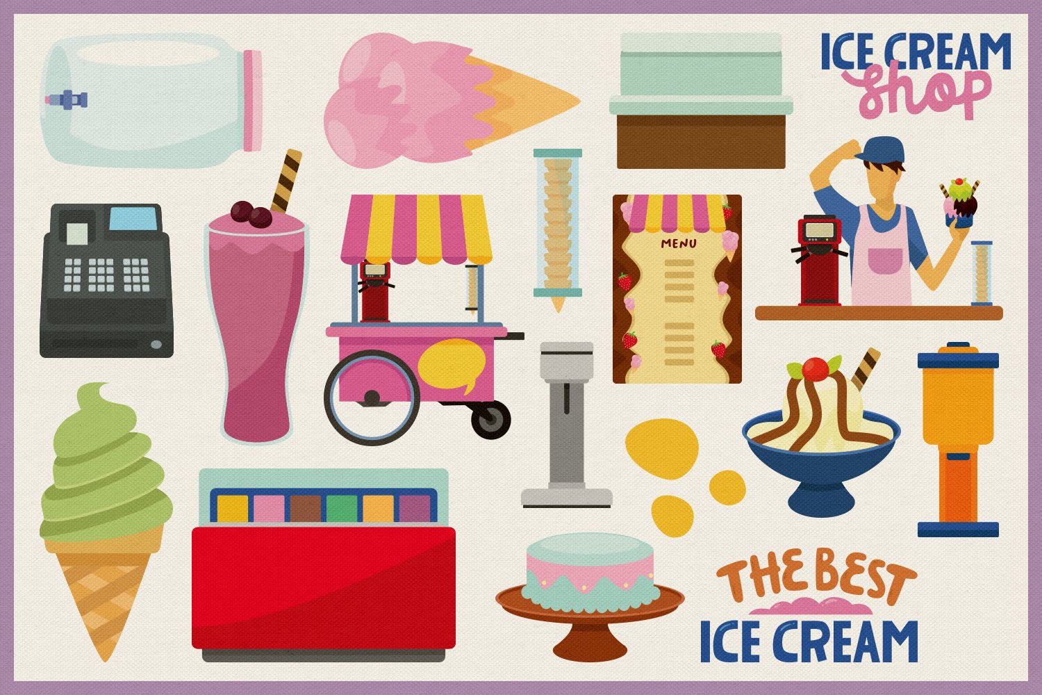 Ice Cream Shop Vector Clipart and Seamless Pattern