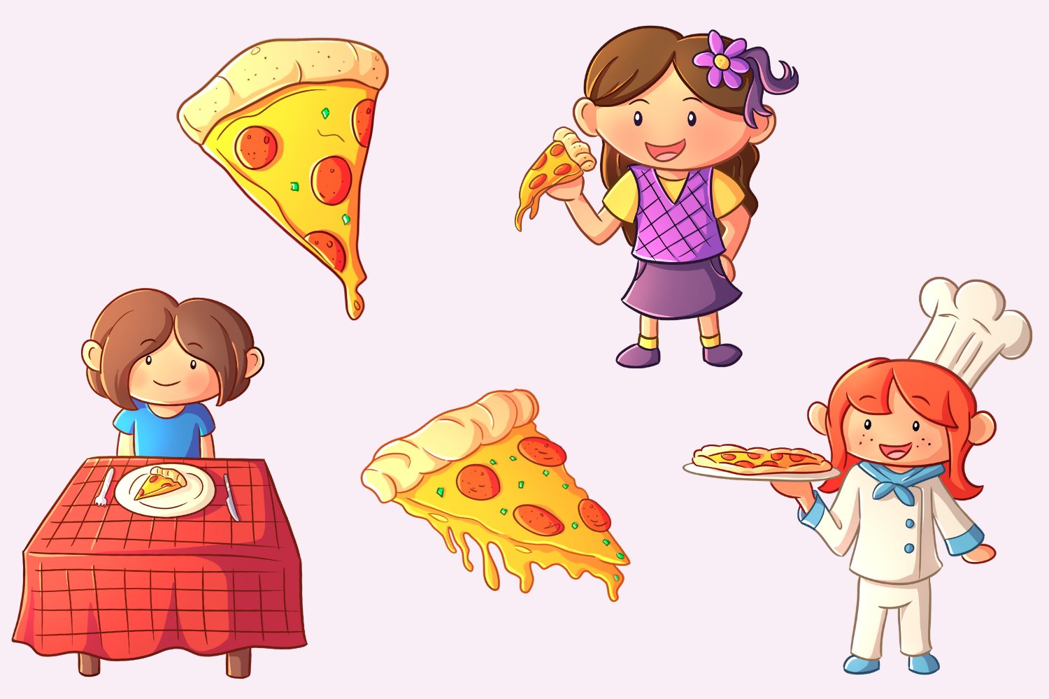 Pizza Party Girls Clip Art Collection (540821) | Illustrations | Design ...