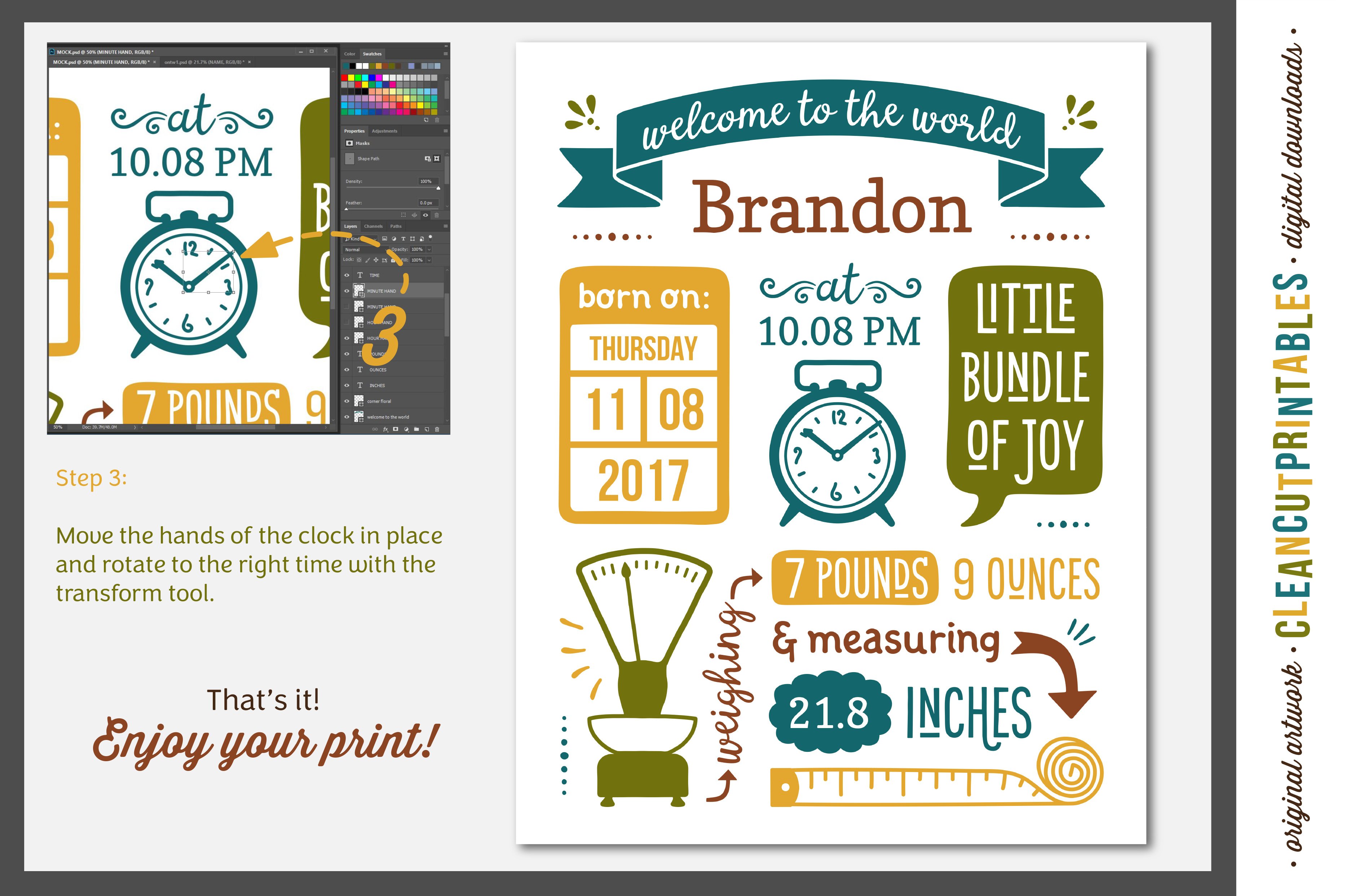 BIRTH STATS TEMPLATE Photoshop Edit Baby Birth Announcement 67545 
