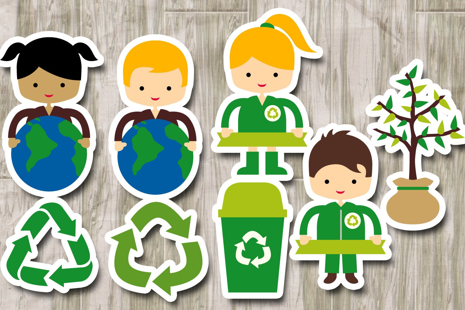 Go green kids / recycle icon, trash bin, plant / Earth day (91199 ...