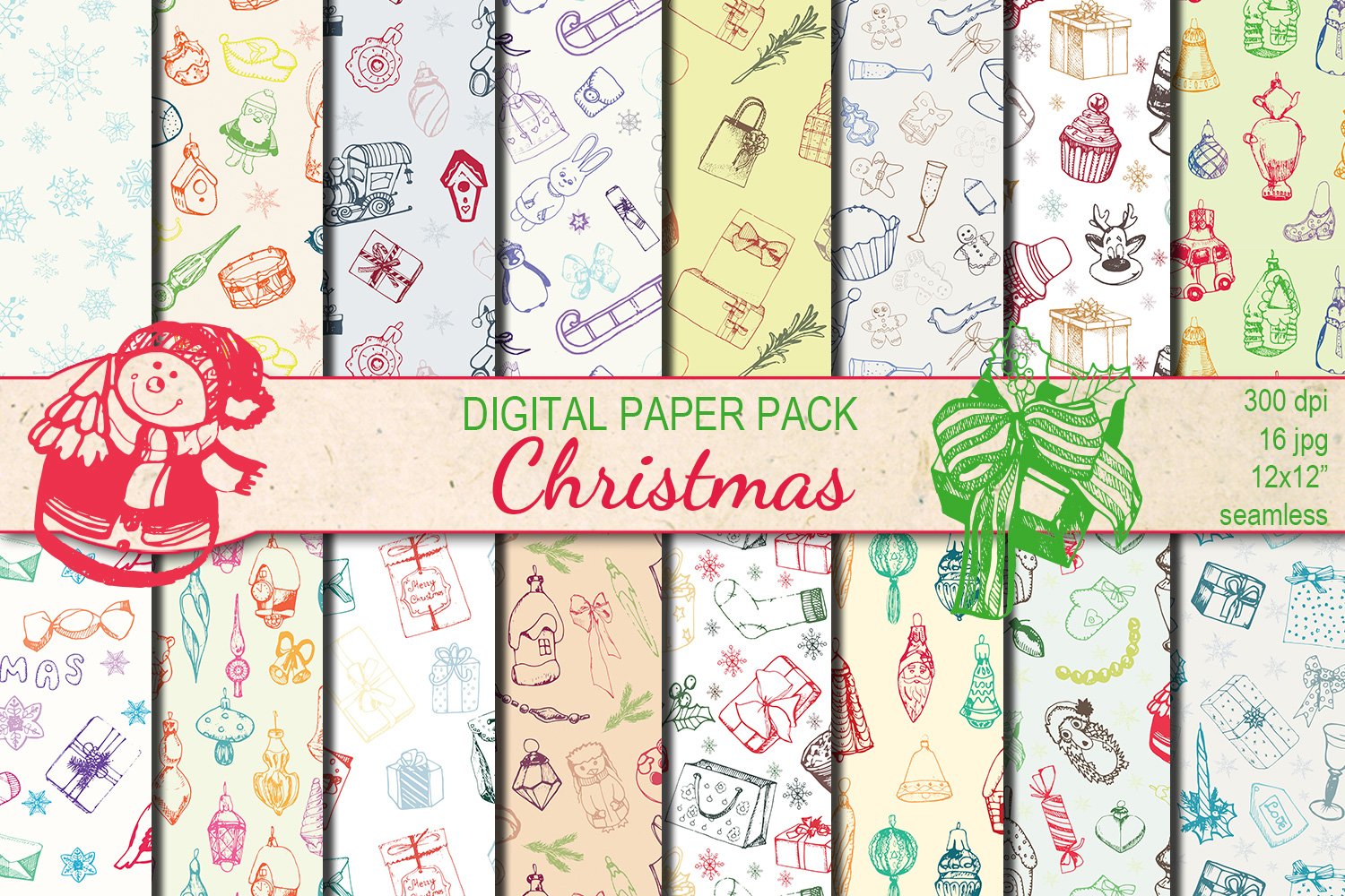 Christmas Hand drawn seamless digital paper pack (25513) | Backgrounds ...