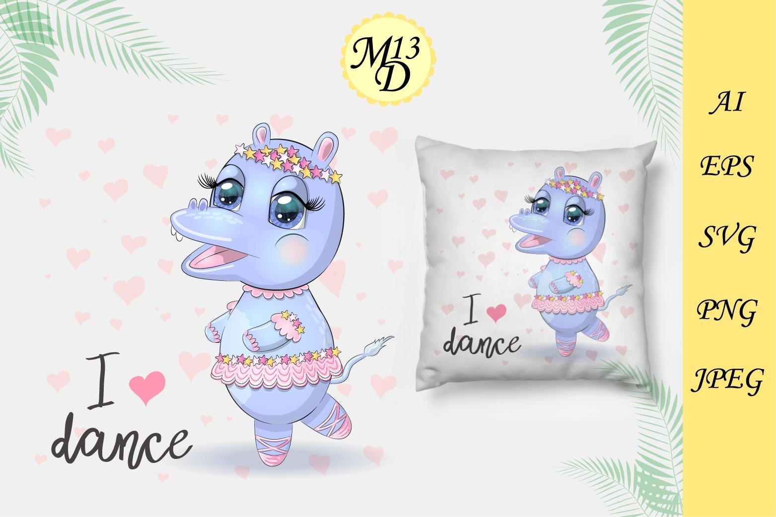 Cute cartoon hippo dancing ballet in a tutu (1014995) | SVGs | Design ...