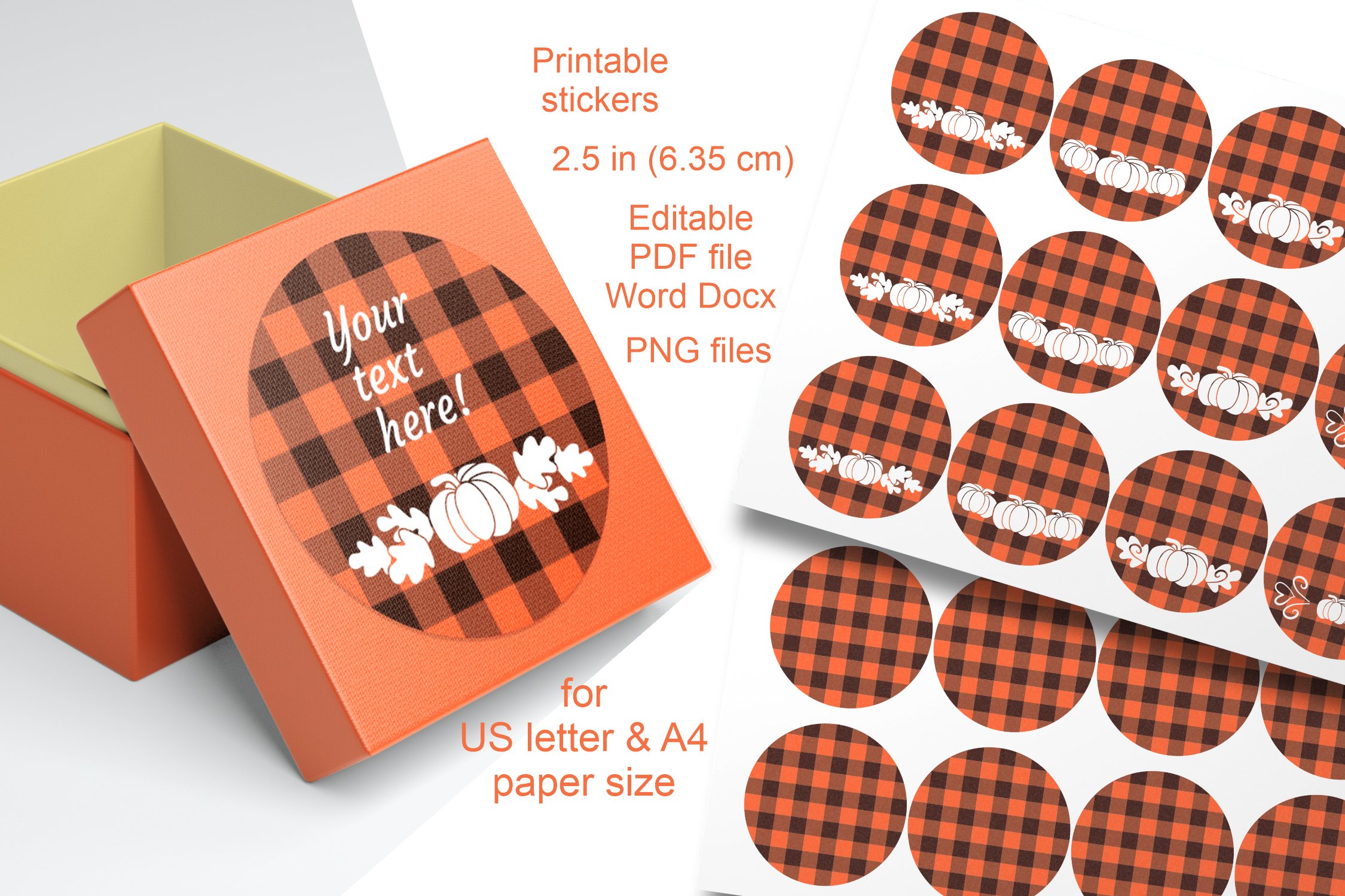 Printable Fall Orange Checks Labels 2.5 in A4 and US Letter
