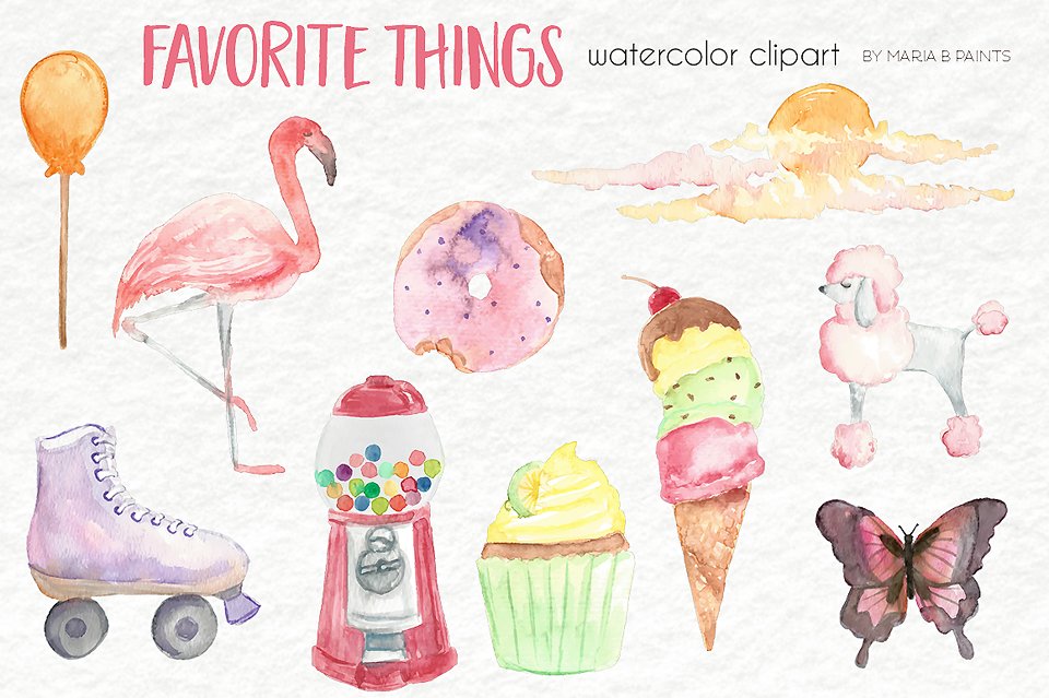 Watercolor Clip Art -Favorite Things (37359) | Illustrations | Design ...
