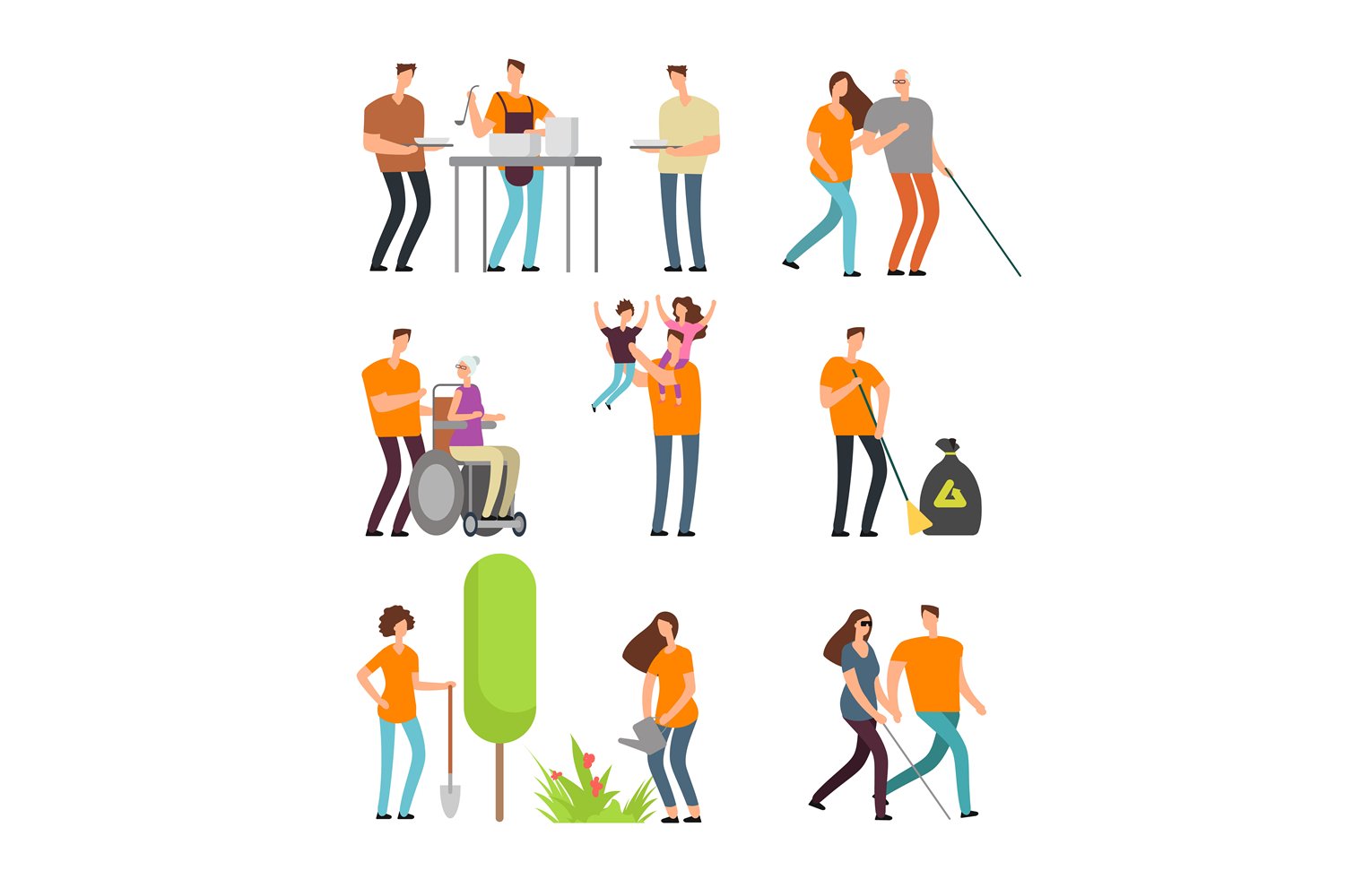 Volunteers help people and clean environment. Cartoon charac (910805 ...