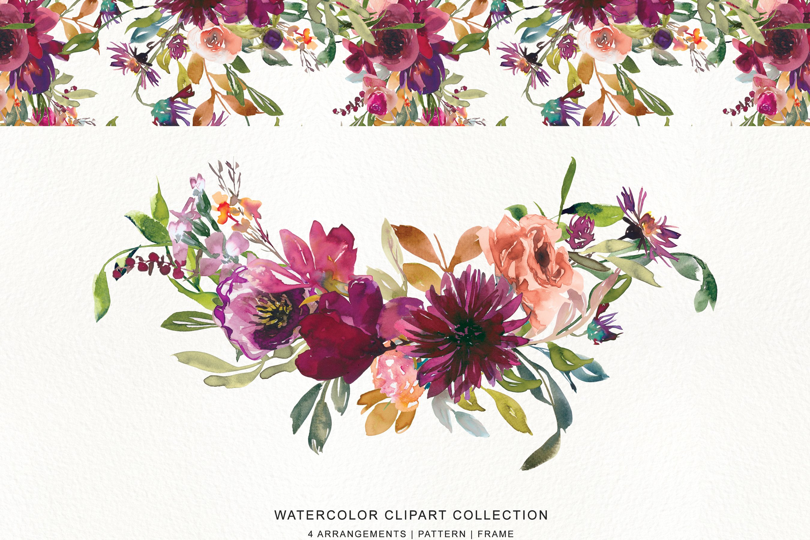 Watercolor Burgundy Autumn Flowers Clipart & Pattern (166989 ...