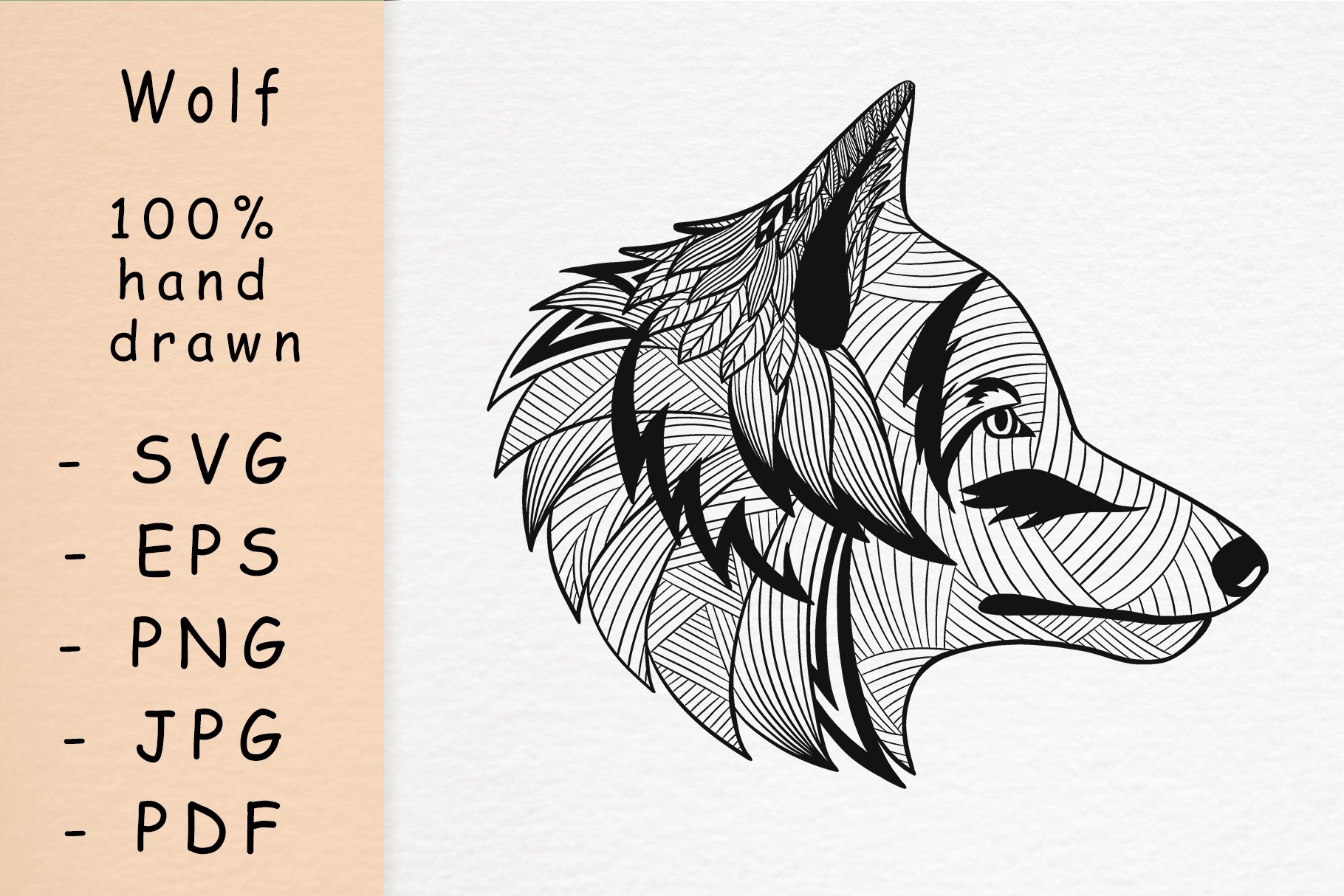 Hand drawn wolf head with patterns