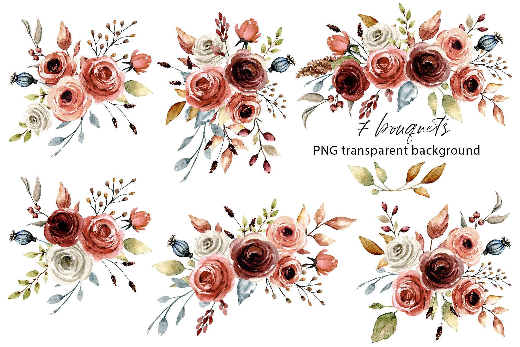 Terracotta watercolor flowers bundle. Hand painting. (1058302 ...
