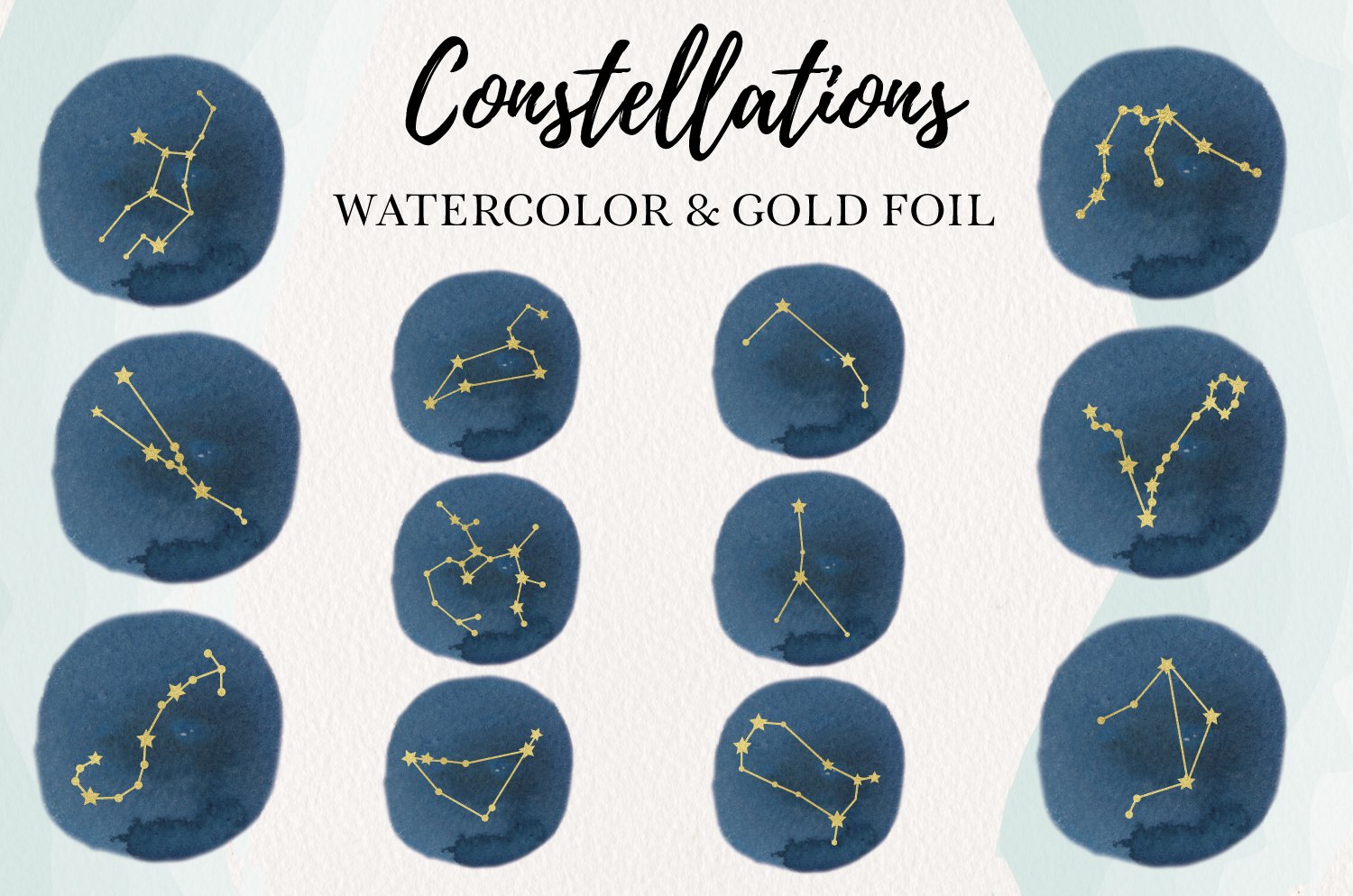 Watercolor 12 Constellations Hand Painted Elements Star Sign