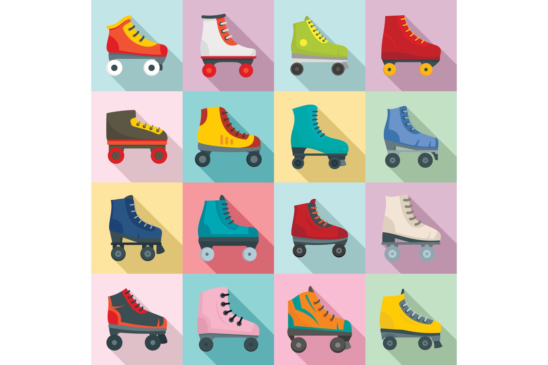 Roller skates icons set, flat style