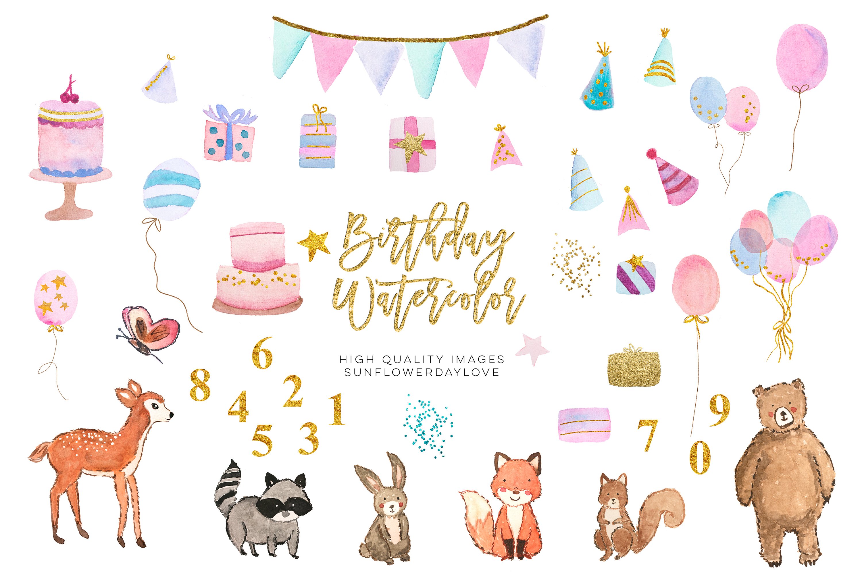 animal birthday watercolor clipart, Watercolor little animal (554114 ...