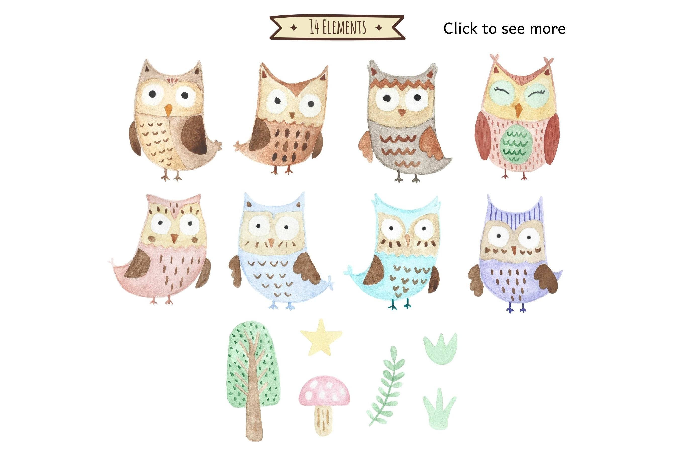 Watercolor Owls: patterns & cards (16106) | Illustrations | Design Bundles