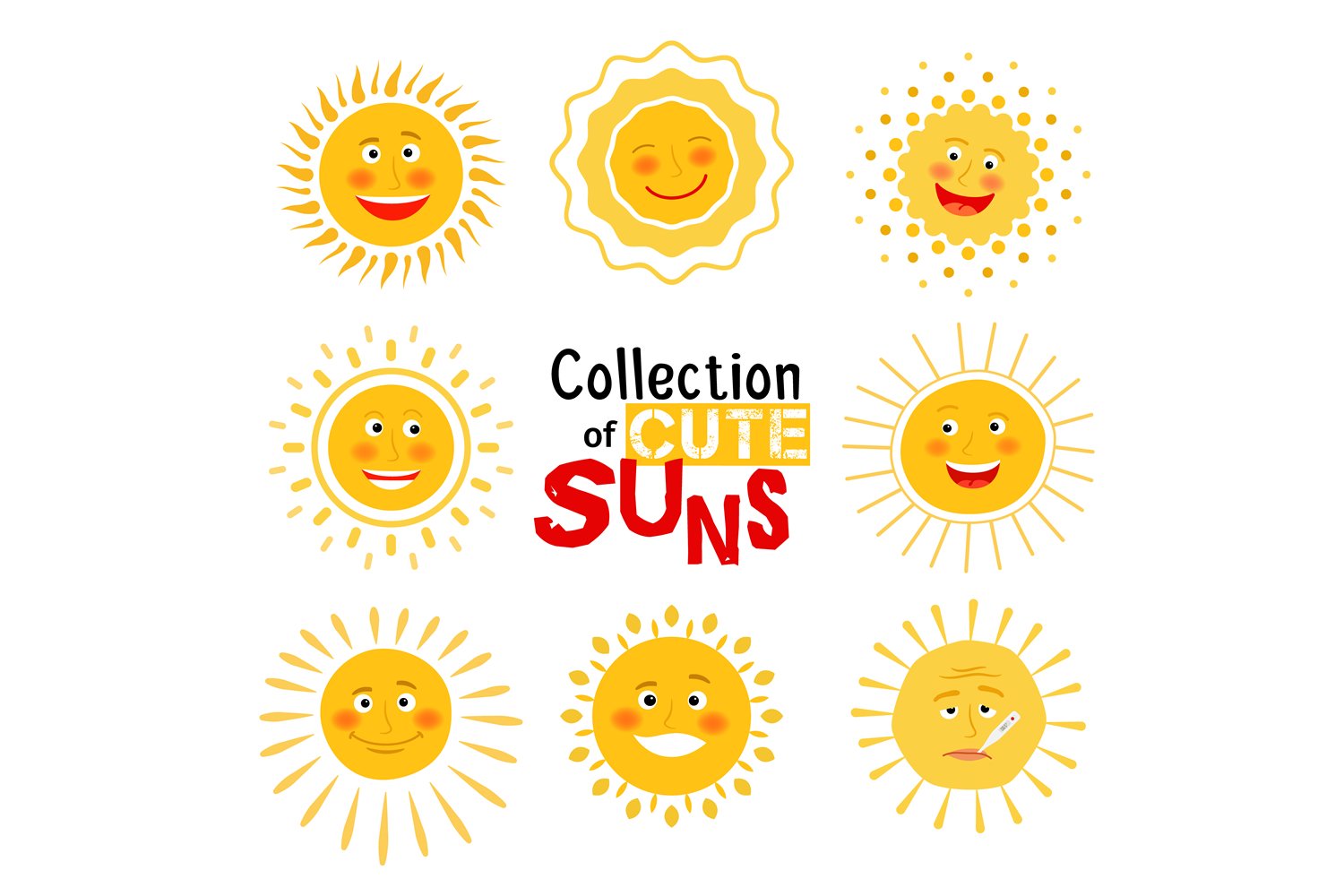 Yellow sun with happy smile collection (830320) | Illustrations ...