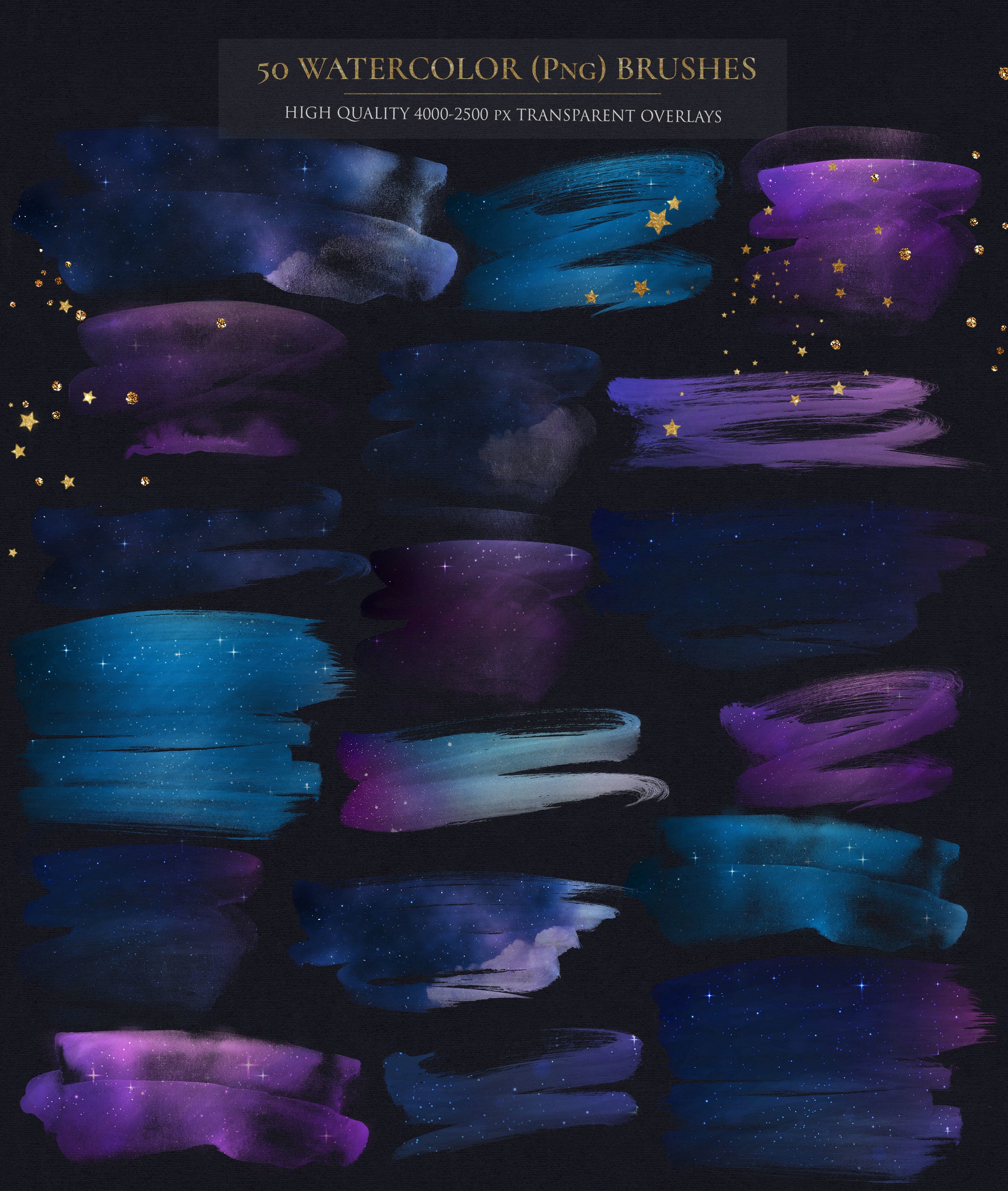 Galaxy Watercolor Brushes & Gold PNG 60 Transparent Elements