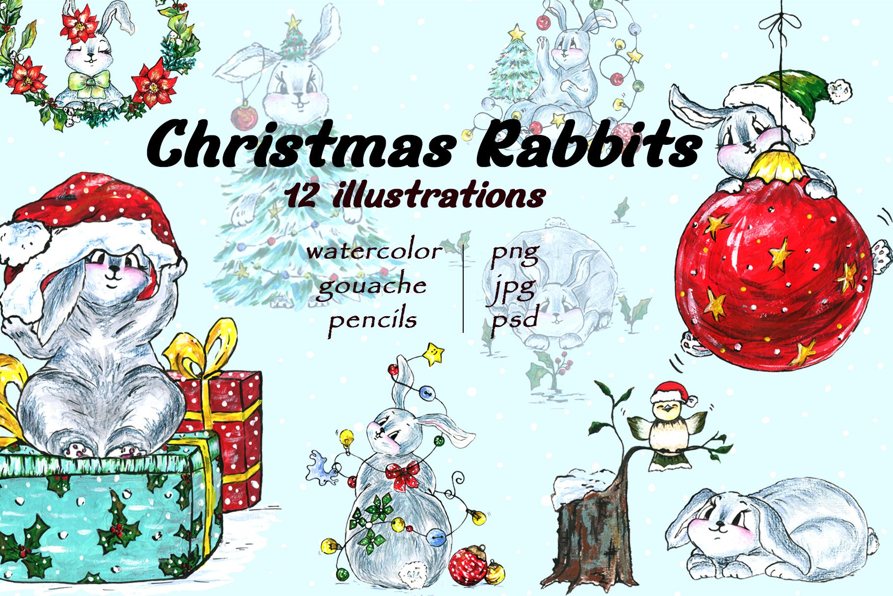 Christmas Rabbits 12 Illustrations