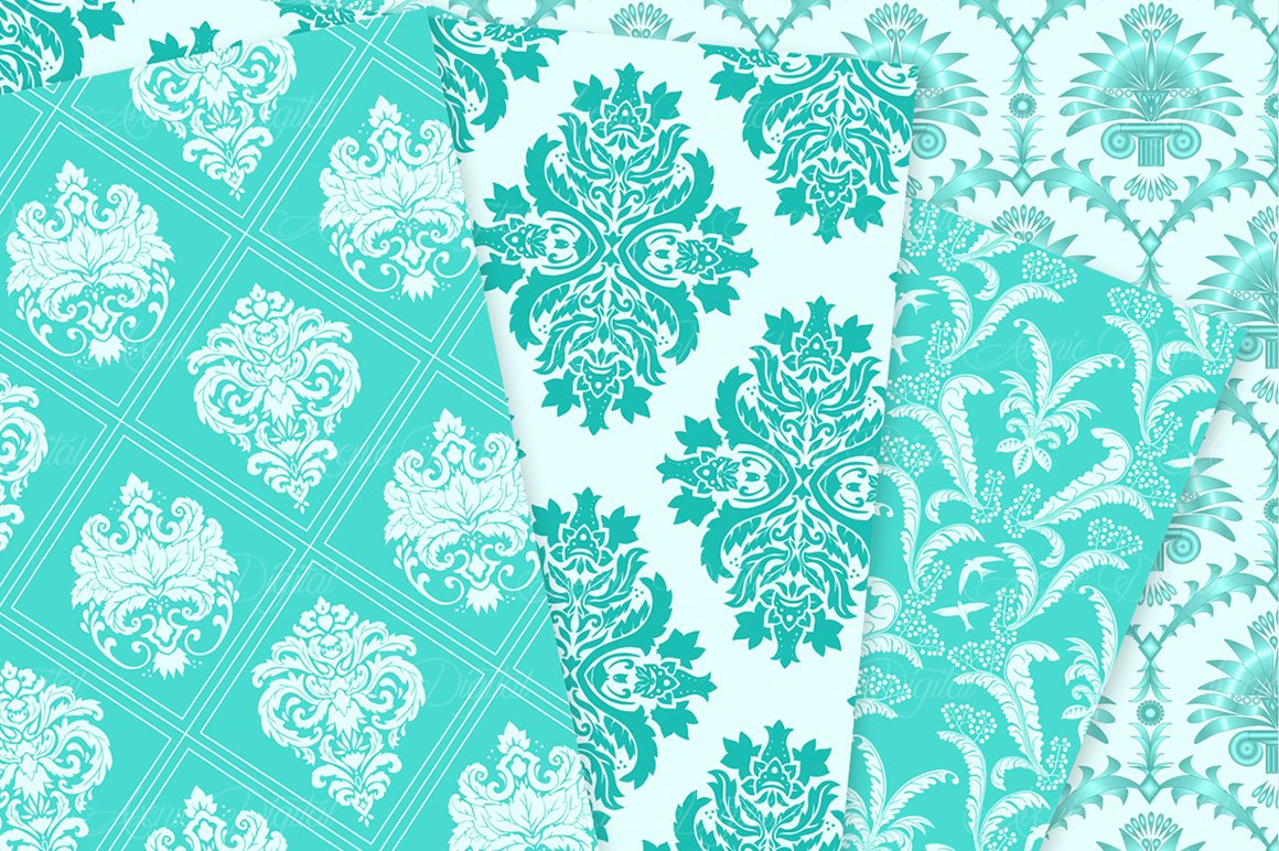 28 Turquoise Damask Patterns - Seamless Digital Papers Bundle (42929 ...