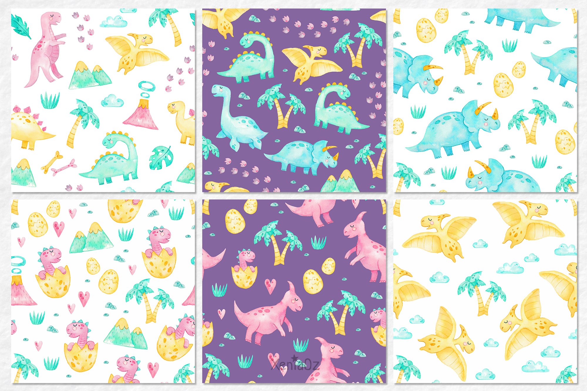 Watercolor dinosaur digital paper pack, seamless pattern (531311 ...