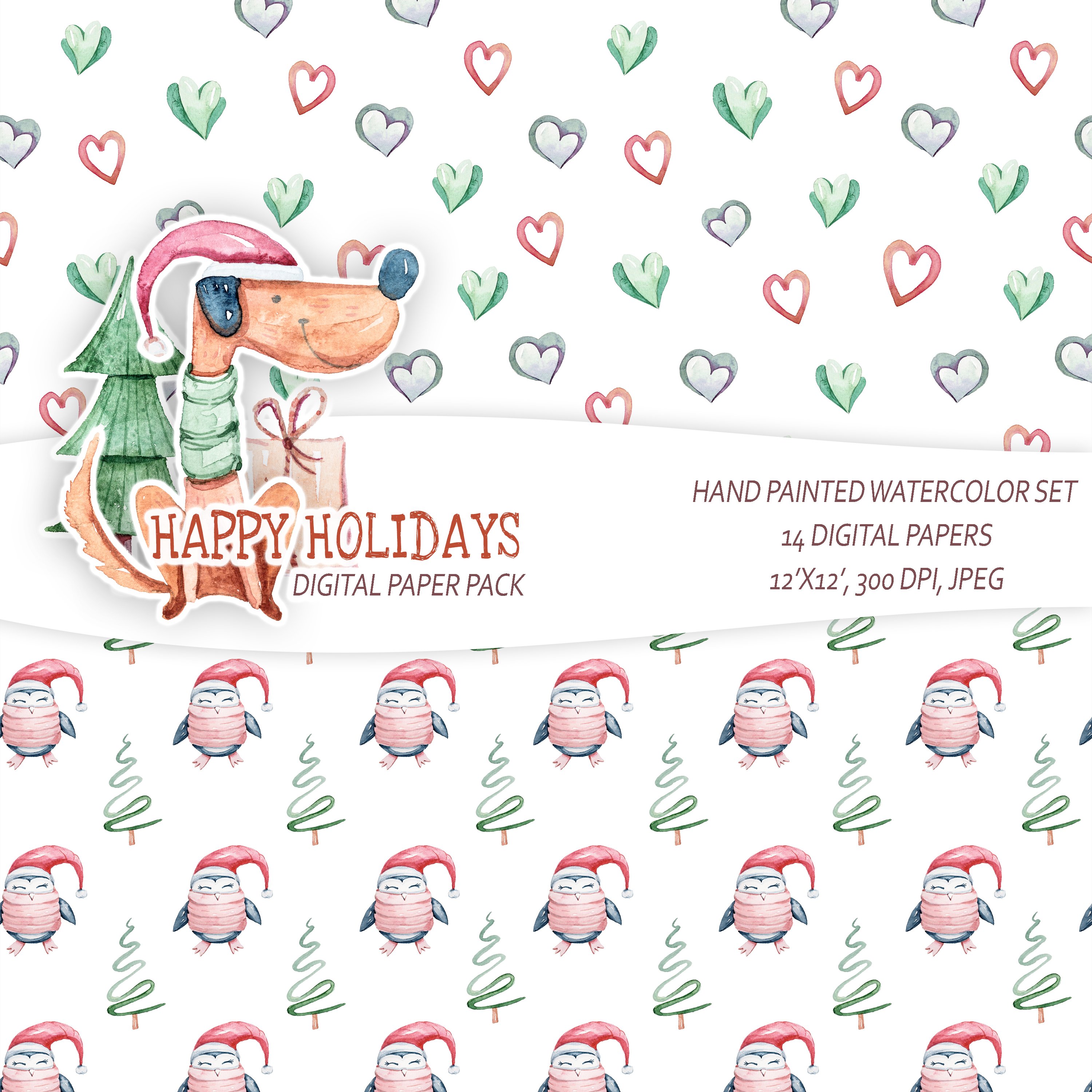 Watercolor Christmas seamless patterns. Digital paper pack (657010 ...