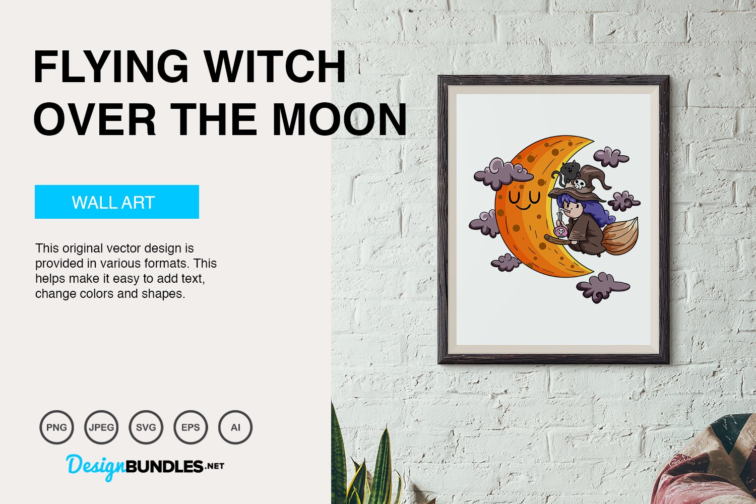 Flying Witch Over The Moon Vector Illustration