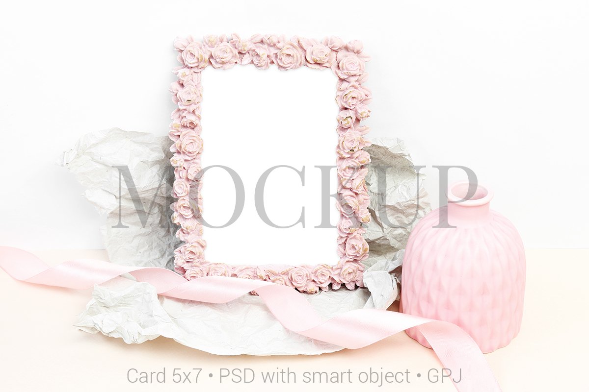 Mockup photo with pink vase and ribbon (430434) | Mockups | Design Bundles