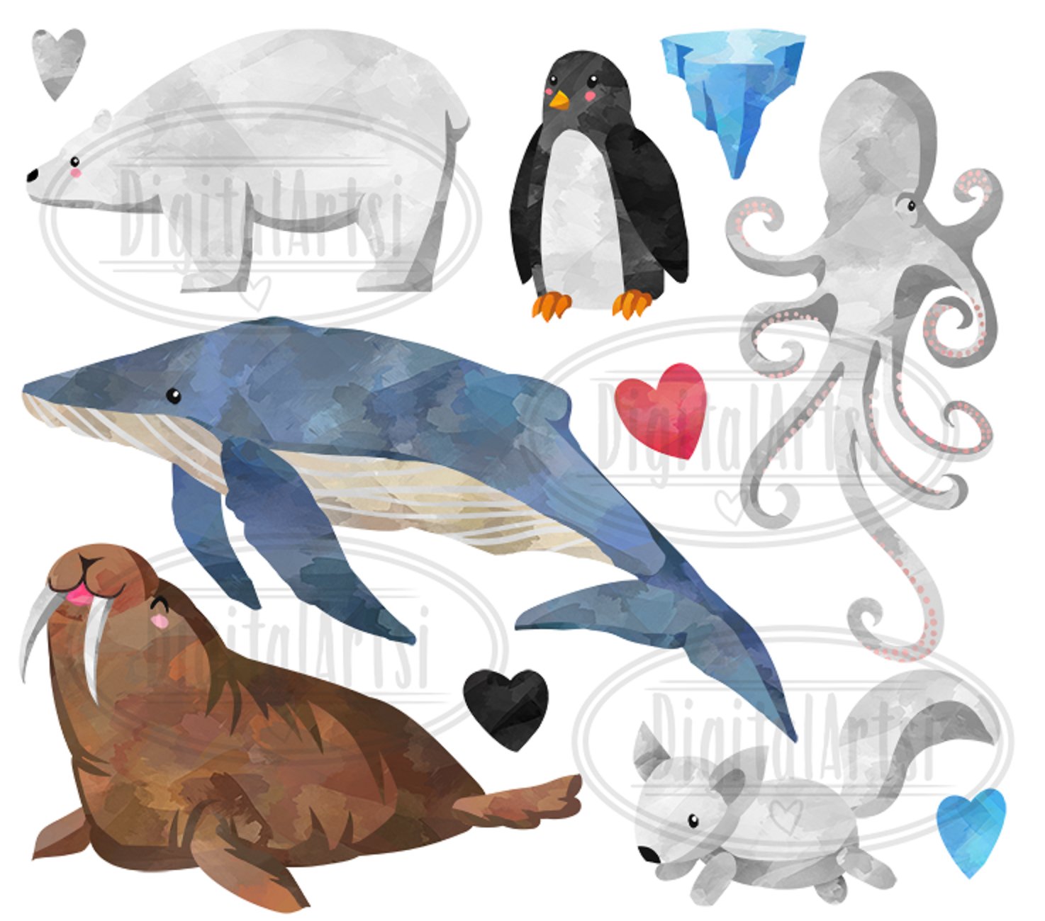 Watercolor Arctic Animals Clipart (132406) | Illustrations | Design Bundles