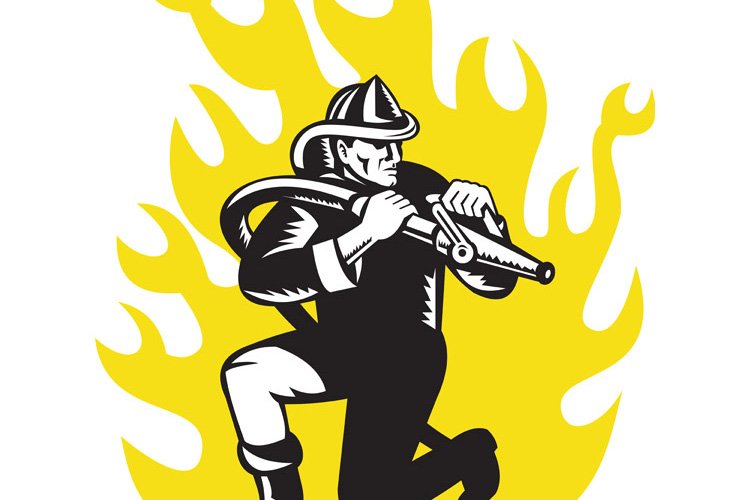 fireman firefighter kneel aim fire hose (240814) | Illustrations ...