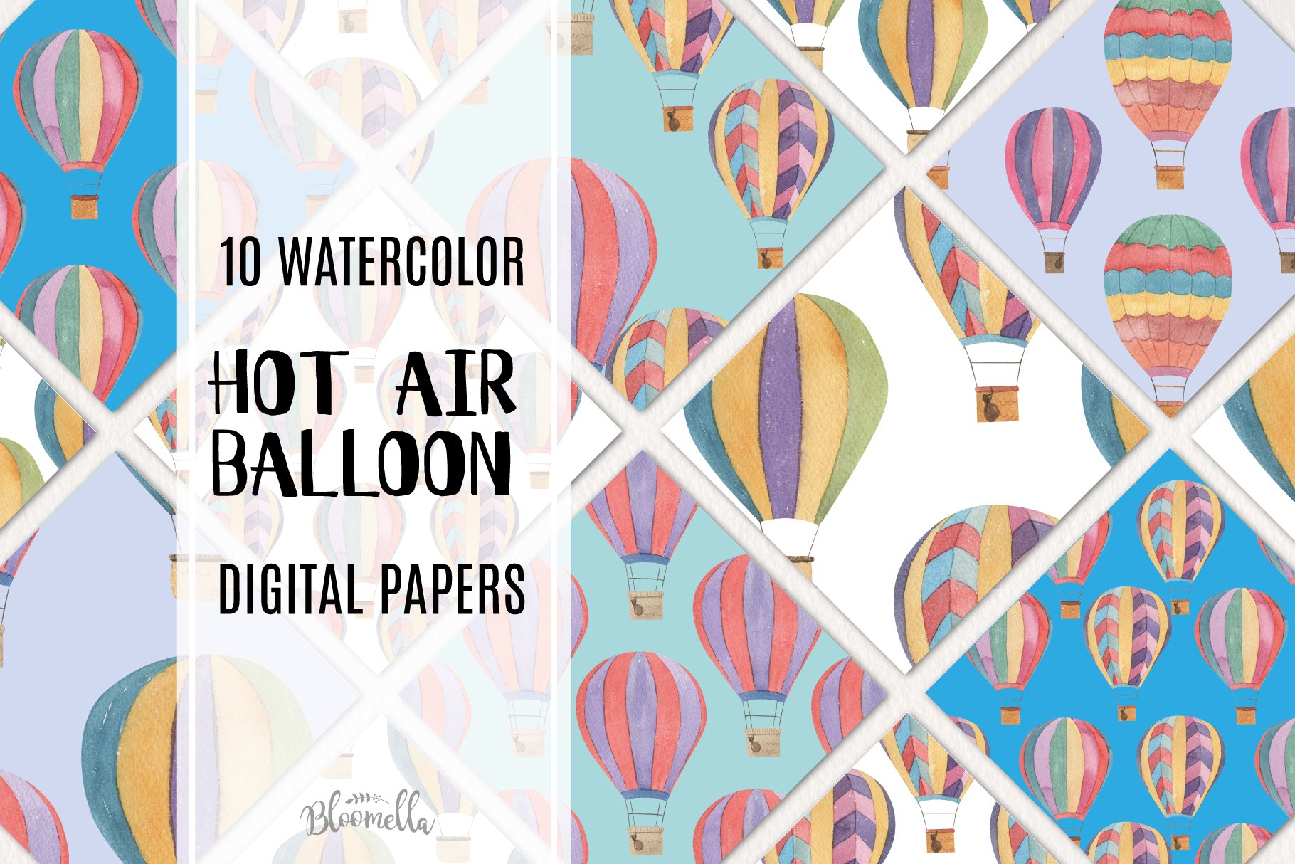 Hot Air Balloon Seamless Patterns Digital Paper Watercolor