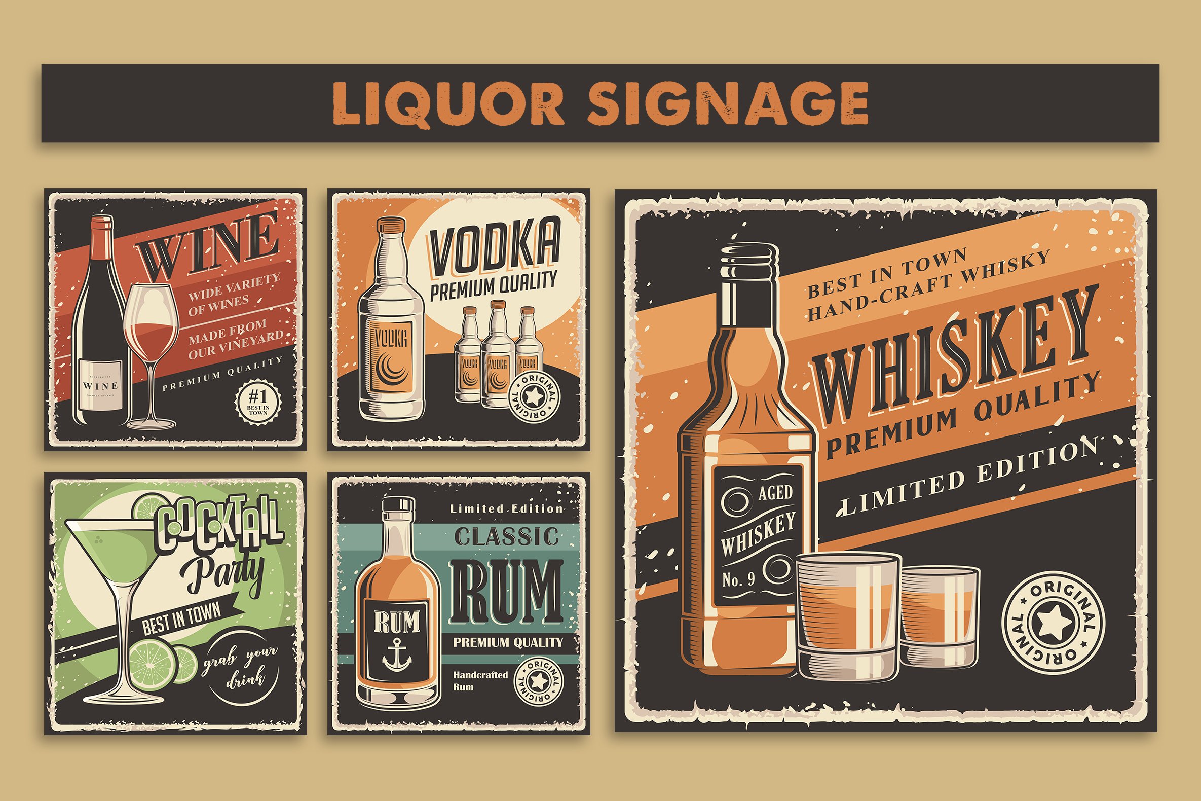 Wine, Whiskey, Rum, Vodka, Cocktail Retro Poster Set (899509 ...