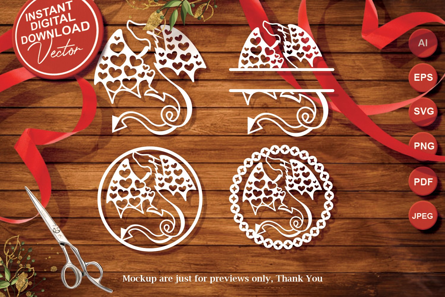 Papercut Dragons with Hearts Set, Dragon Monogram, Ornaments