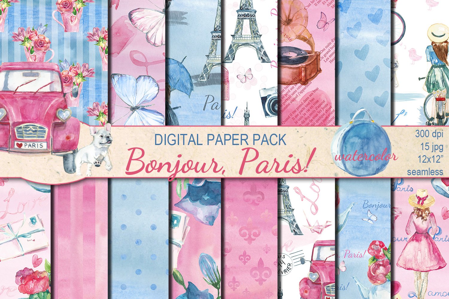 Watercolor Bonjour Paris seamless digital paper pack (24107 ...