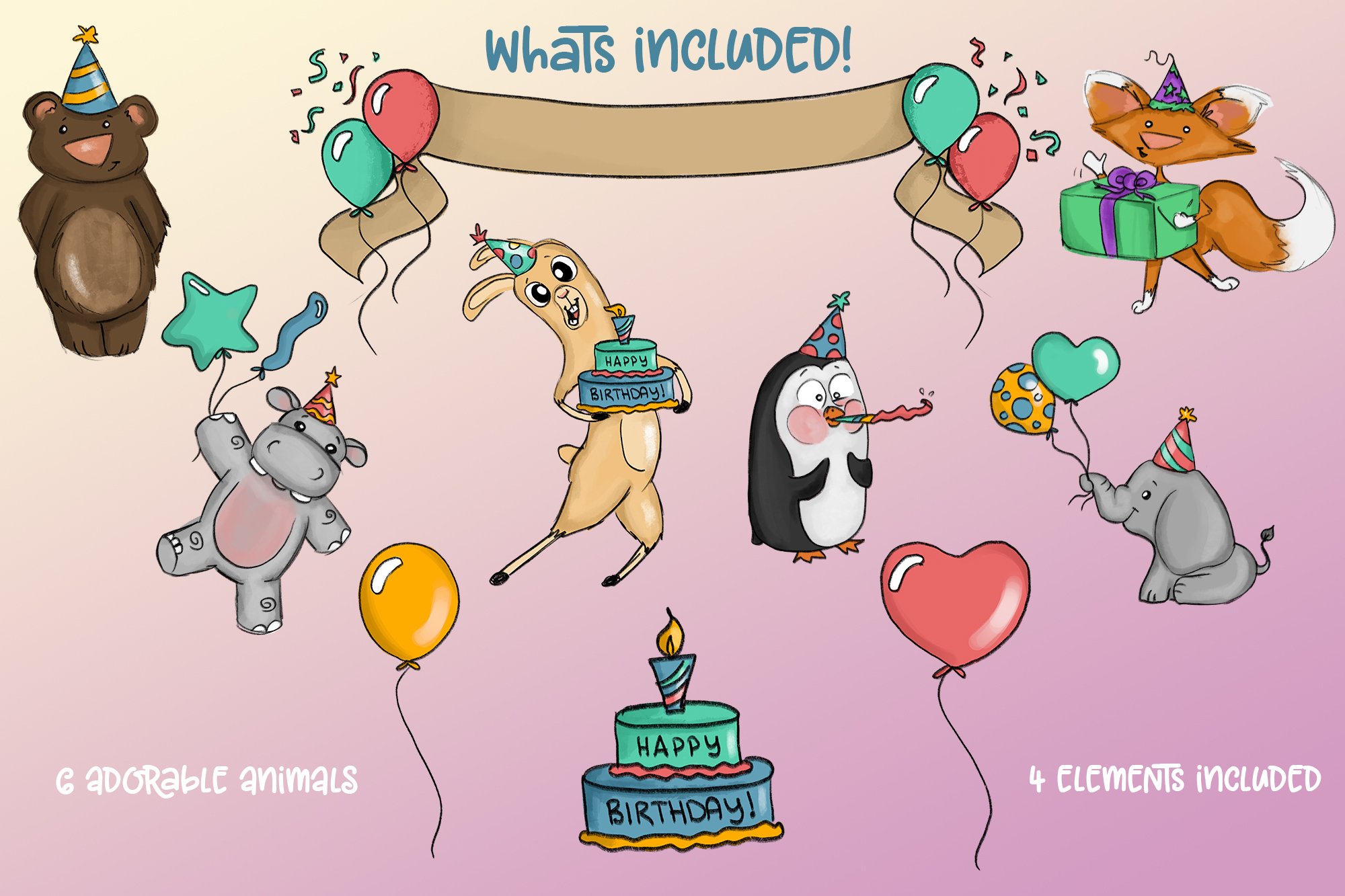 Birthday Bundle | Birthday Animals | Birthday Elements PNG
