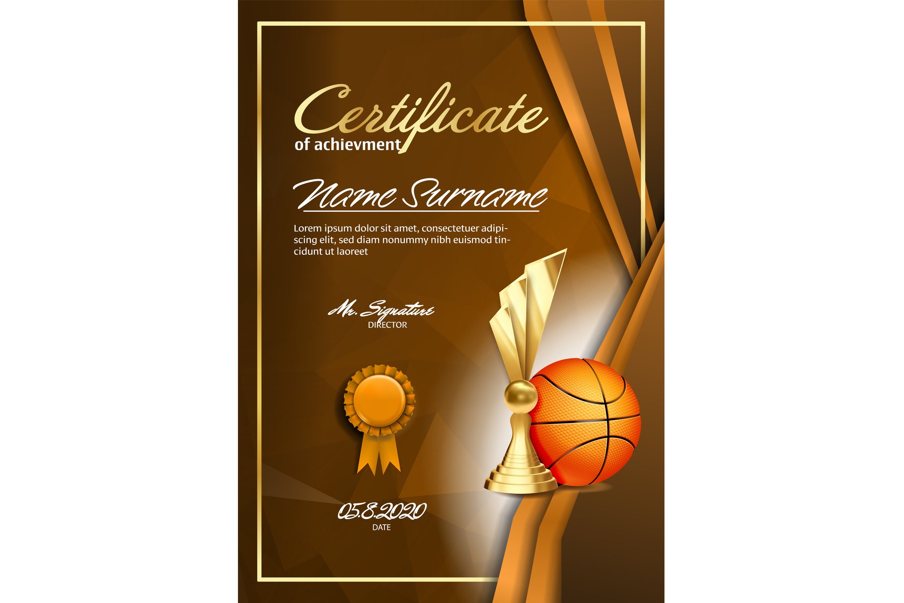 Basketball Certificate Diploma With Golden Cup Vector. Sport (702874 ...