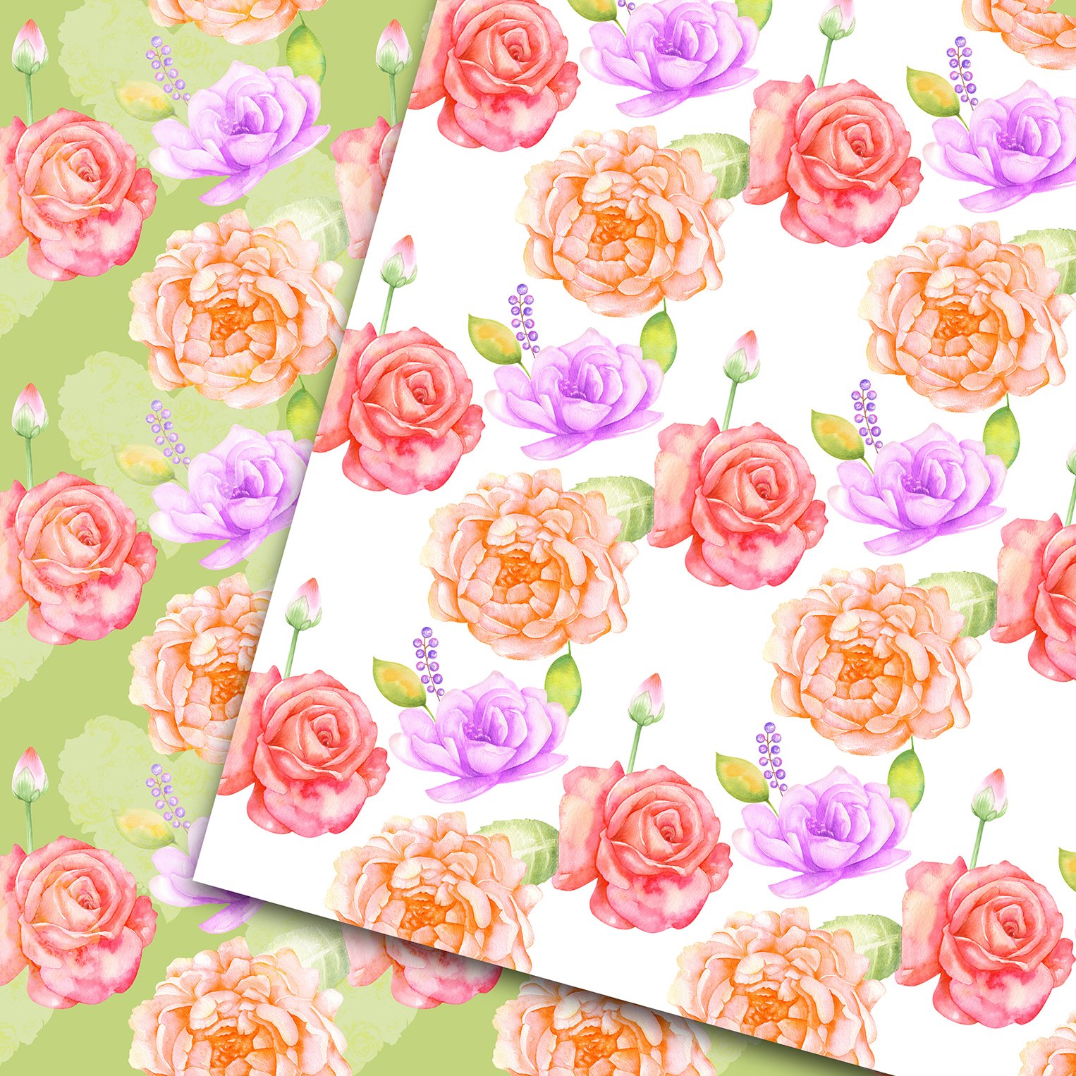 Watercolor flowers and butterflies digital paper pack (460738 ...