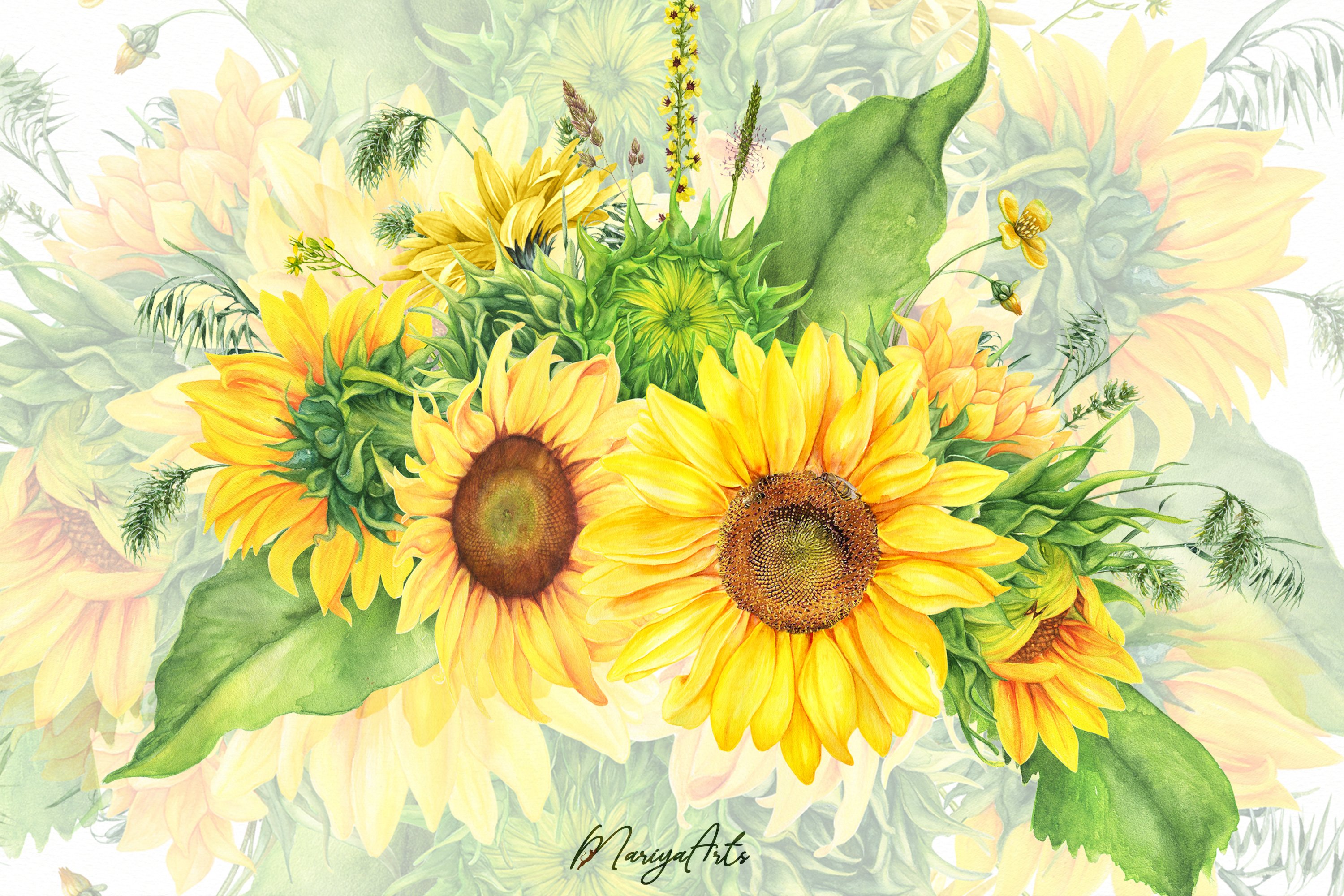 Sunflowers Bouquets, Flower Wreath Clipart, Watercolor (683988 ...