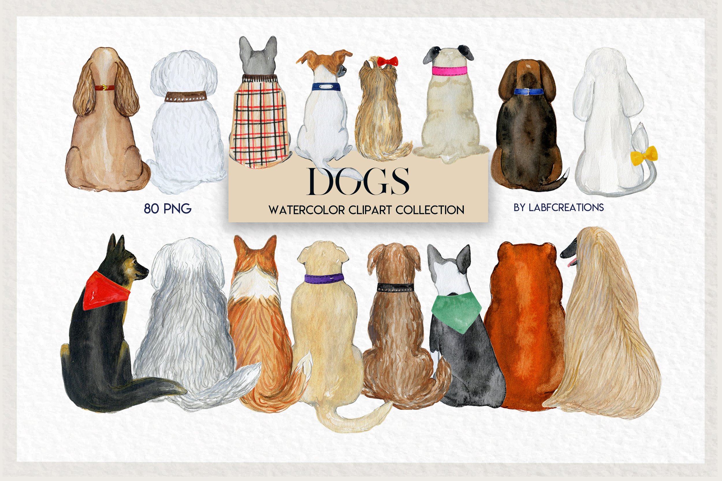 Dogs watercolor clip art, accessories for dogs, backs of dog (432358 ...