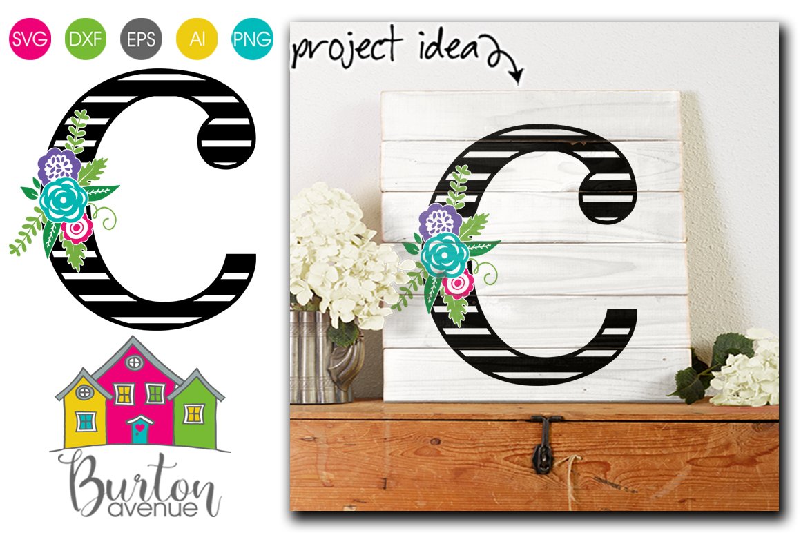 Striped Floral Letter C SVG File (204879) | SVGs | Design Bundles