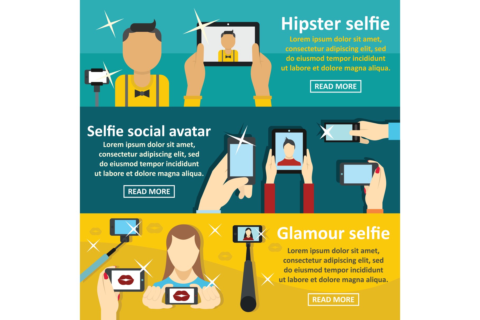 Selfie banner horizontal set, flat style (311017) | Icons | Design Bundles