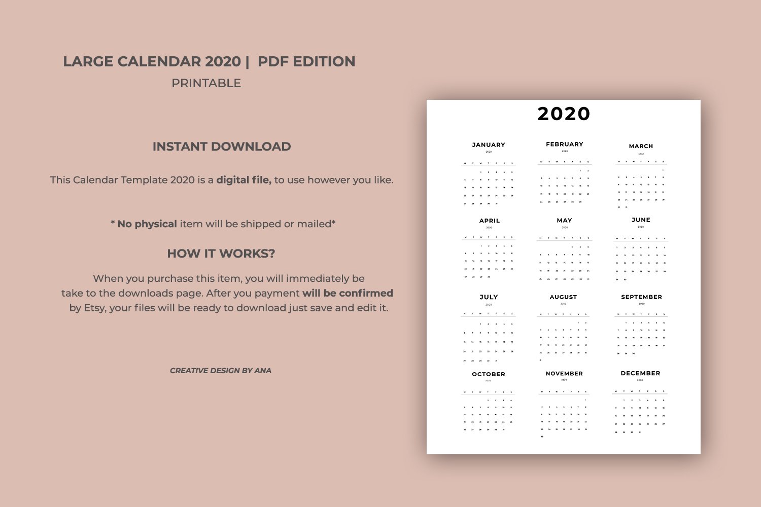 Large Calendar 2020 - Printable (281715) | Objects | Design Bundles