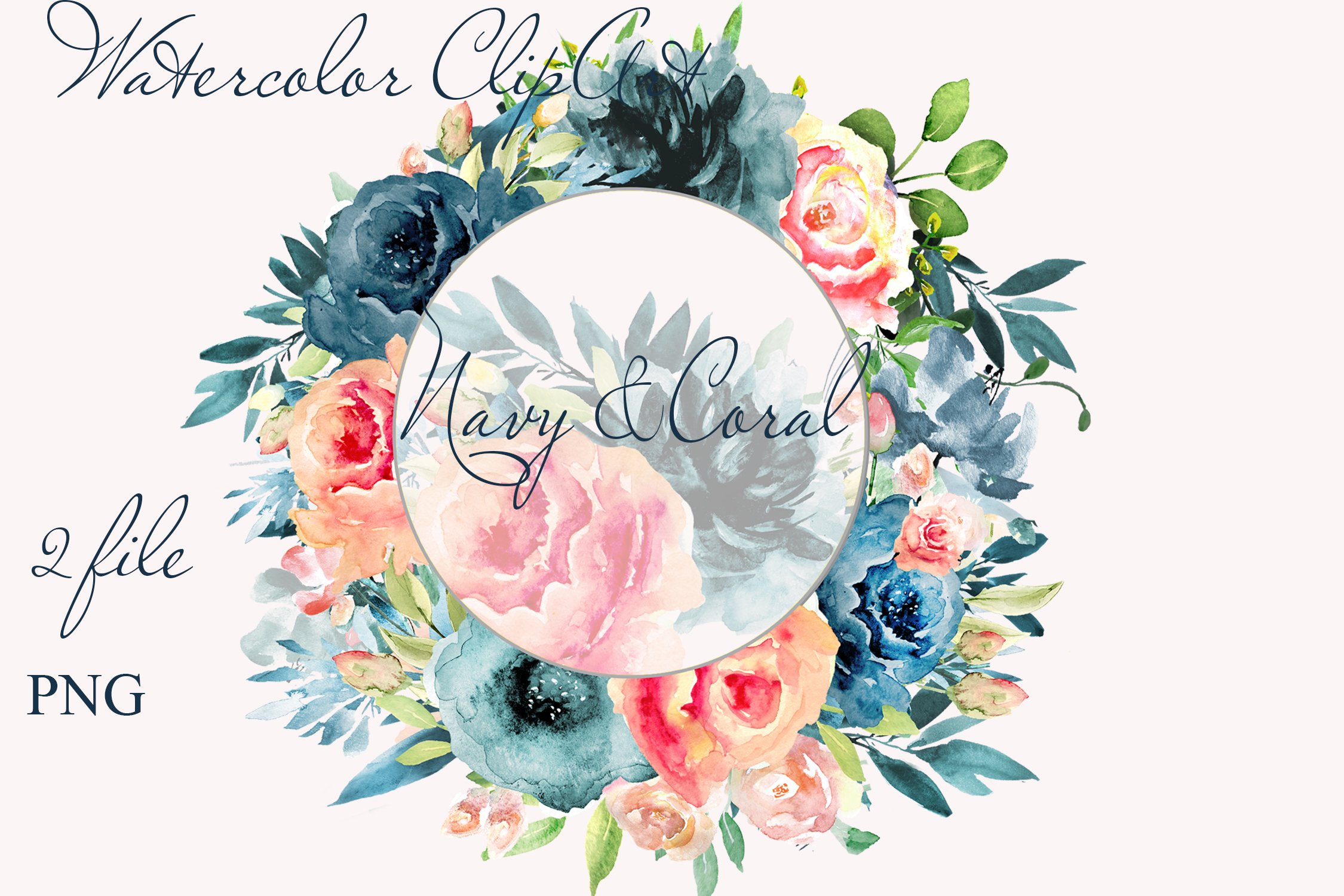 Wreath clipart Watercolor Coral Navy Flowers Frame invite (563709 ...