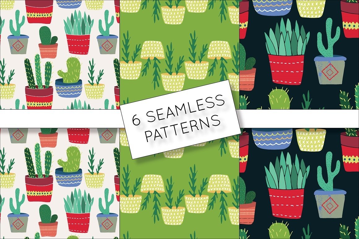Cactus Clipart and Seamless Pattern Set