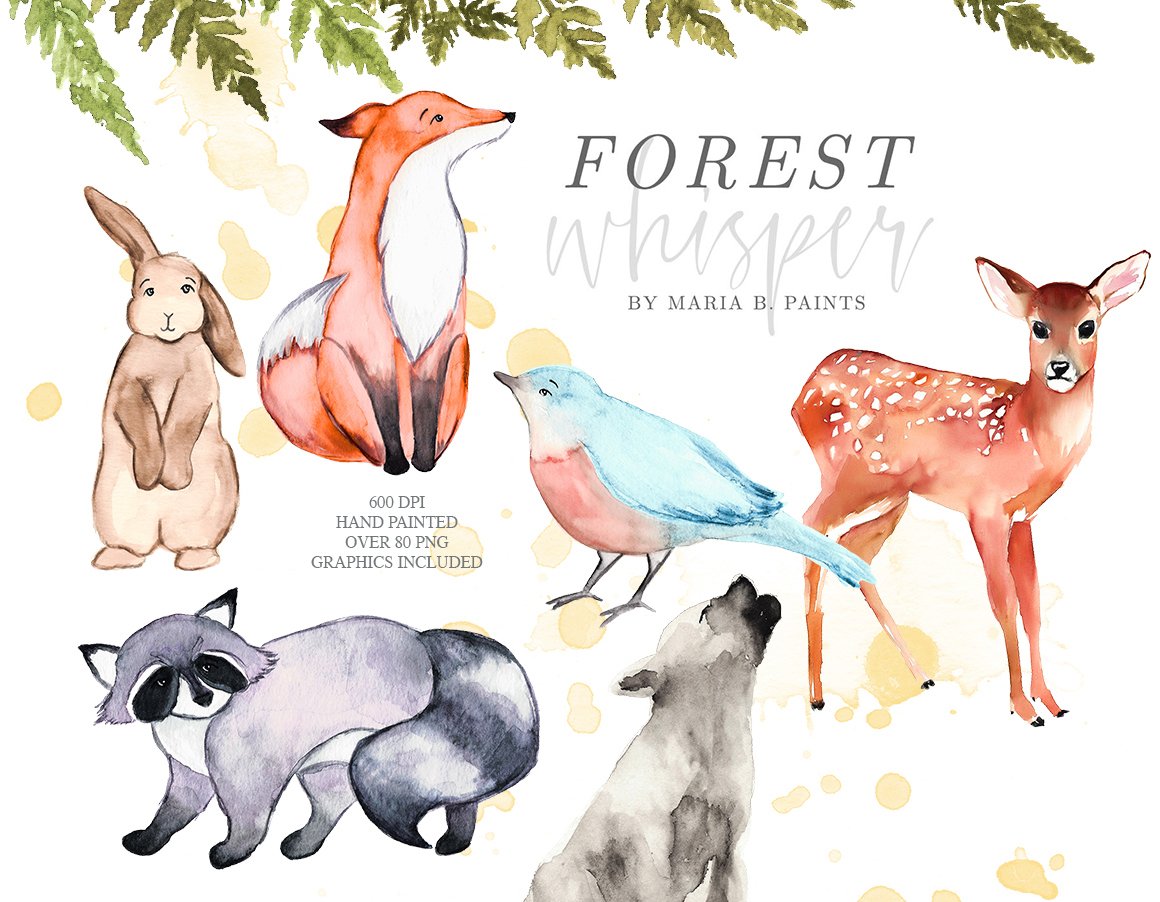 Woodland Animals & Florals Watercolor Clipart Set (115339 ...