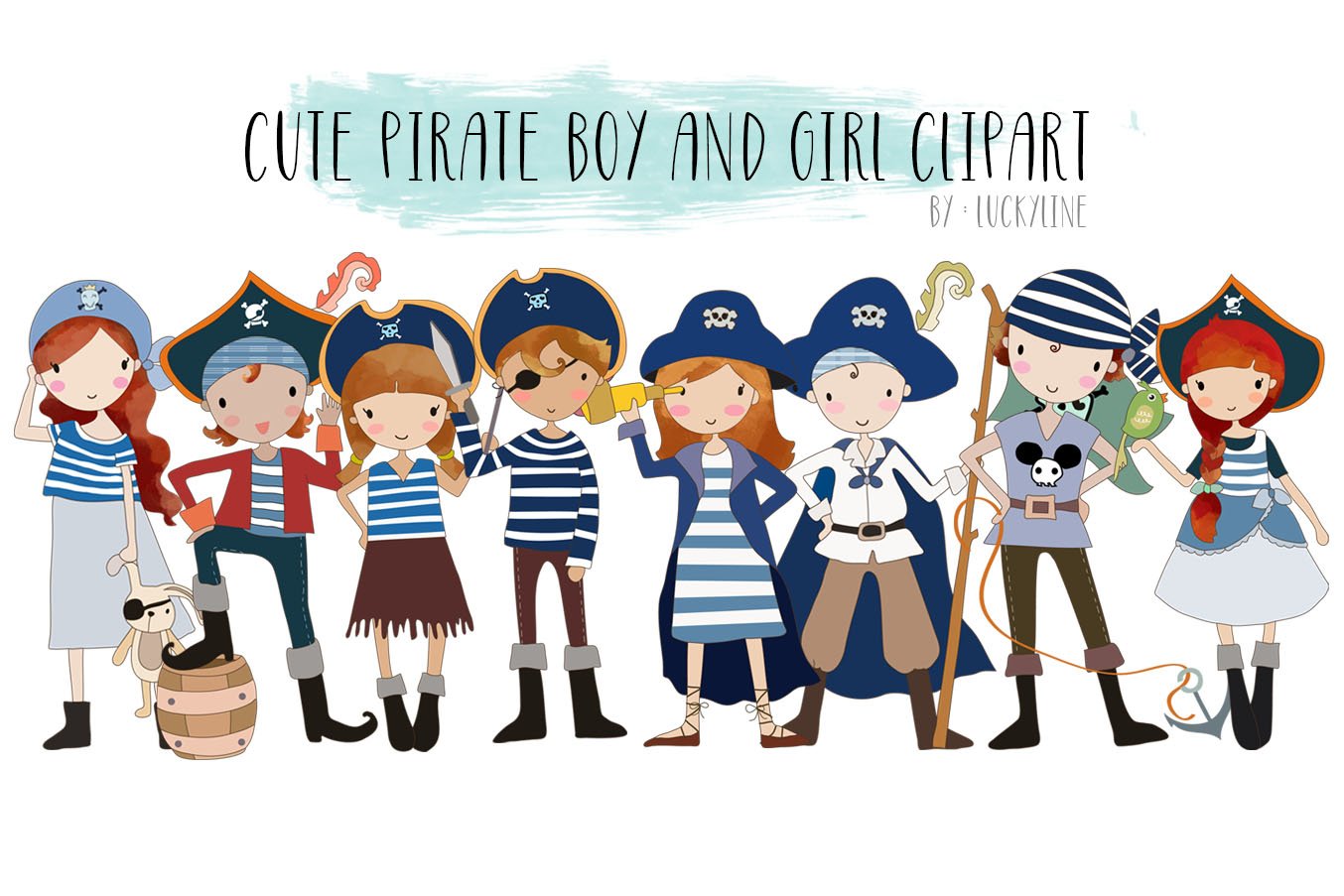 cute Pirate boy and girls clipart (240633) | Illustrations | Design Bundles