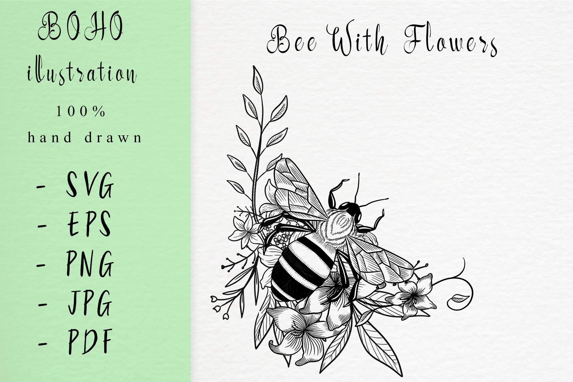 Boho illustration / bee with flowers